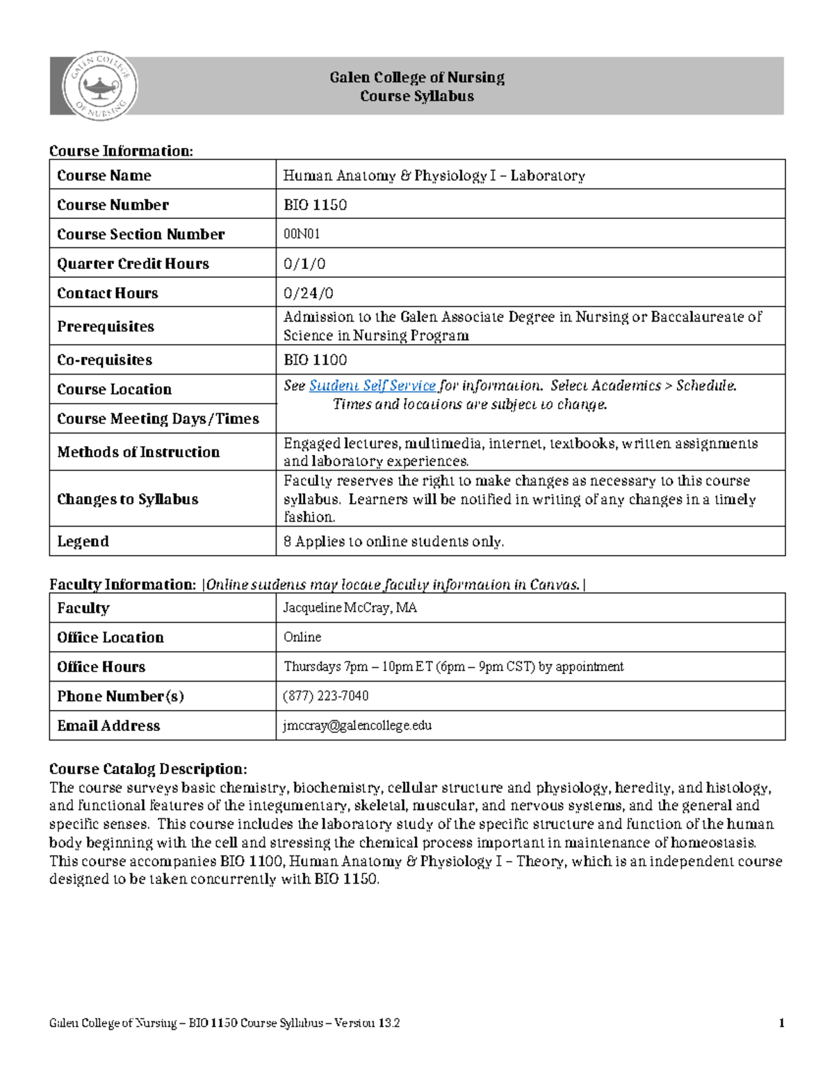BIO 1150 Human Anatomy & Physiology I Lab Syllabus Overview - Studocu