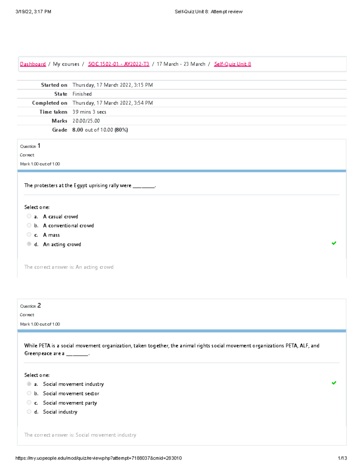 SOC 1504 Self-Quiz Unit 8 Attempt - Started on Thursday, 17 March 2022 ...