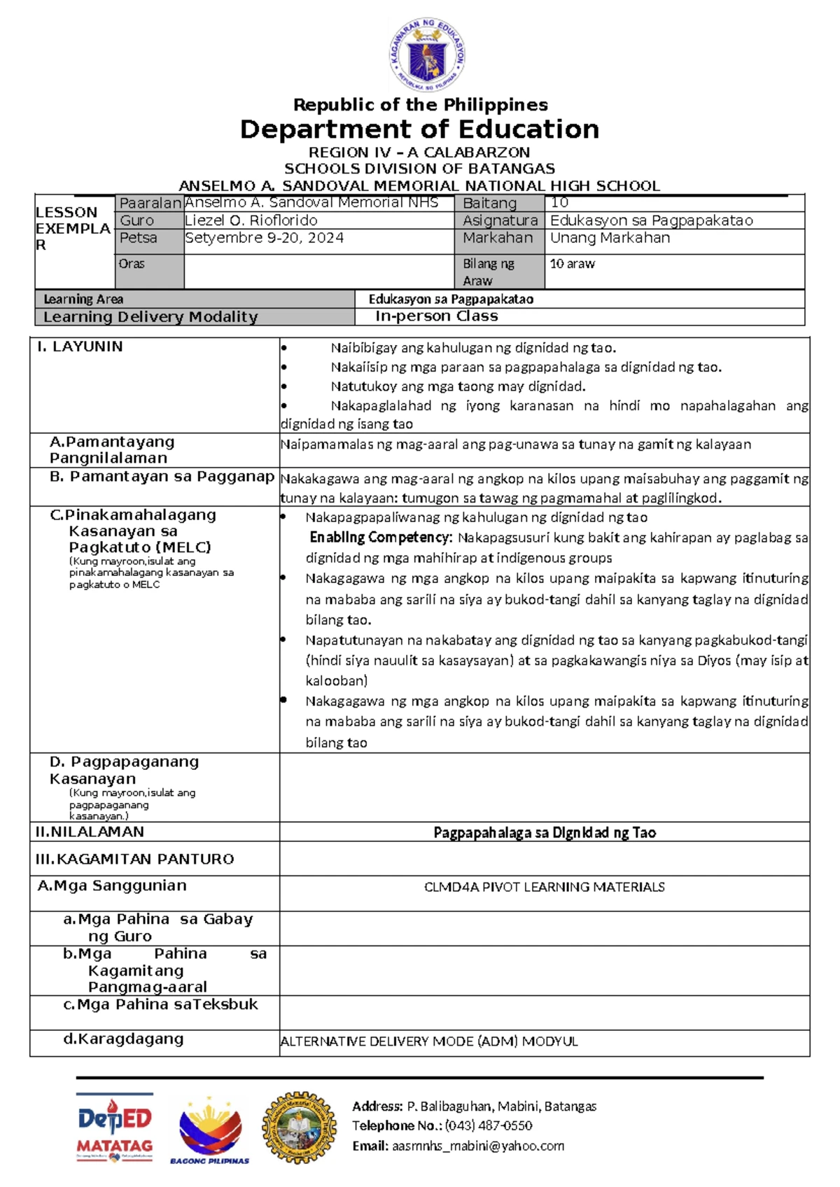 Edukasiyon sa Pagpapakatao Lesson Exemplar (CLMD4A) - Unang Markahan ...