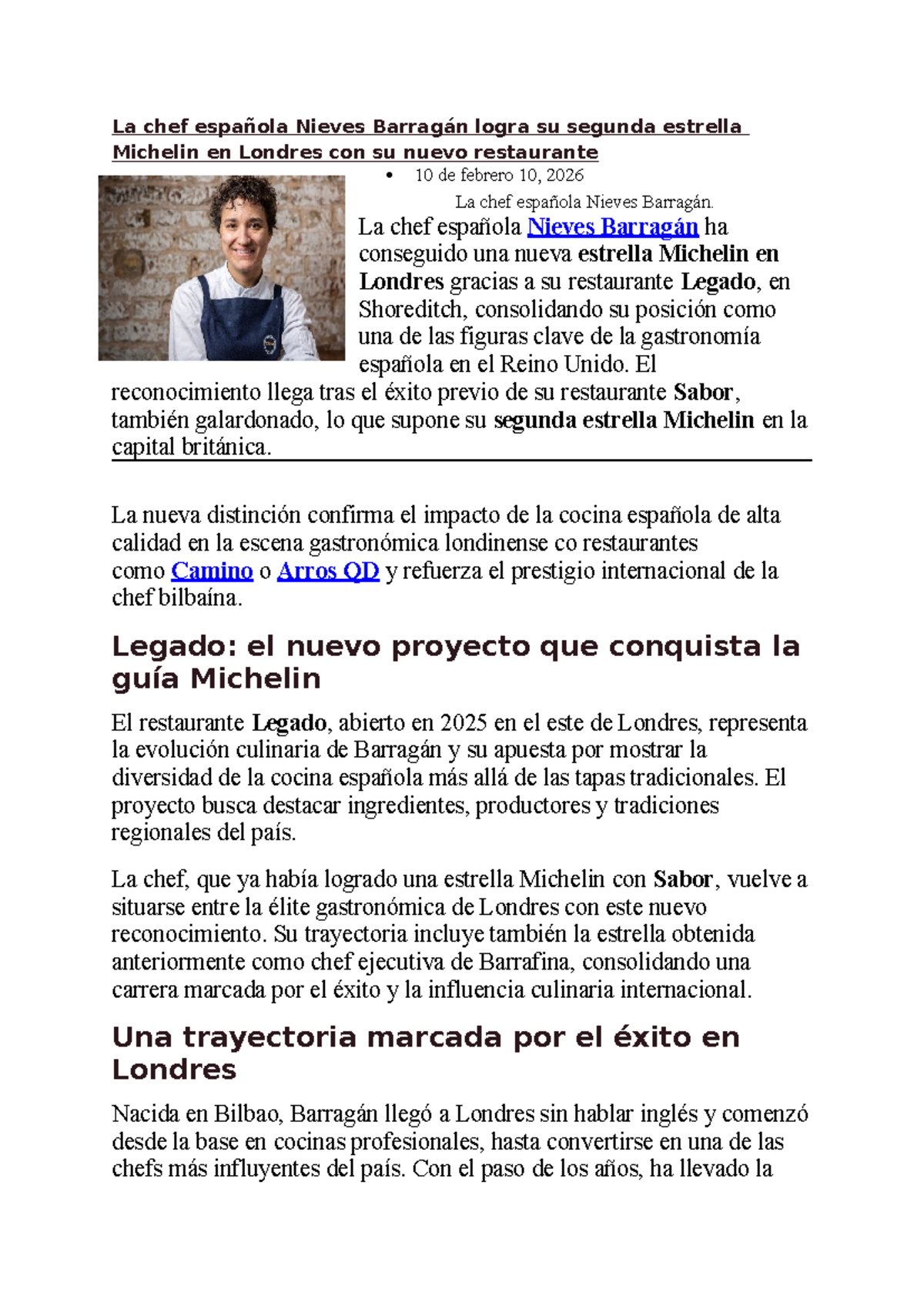 Nieves Barragán: Segunda Estrella Michelin en Londres con Legado - Studocu