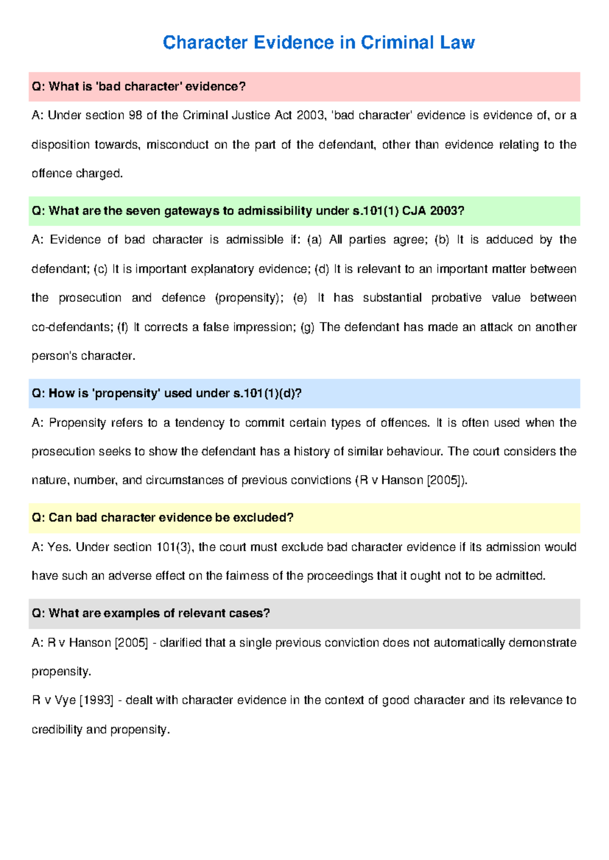 Character Evidence in Criminal Law: Key Concepts & Cases - Studocu