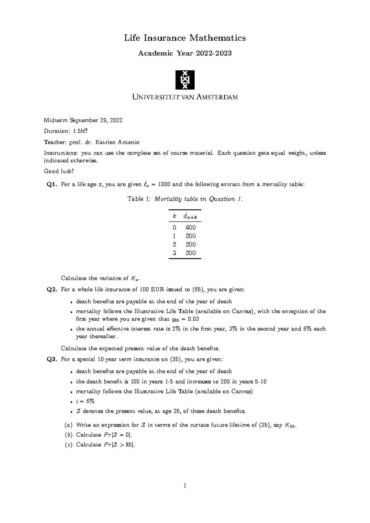 Midterm Exam Life Insurance Mathematics Q - 2022-09-29 - Studeersnel