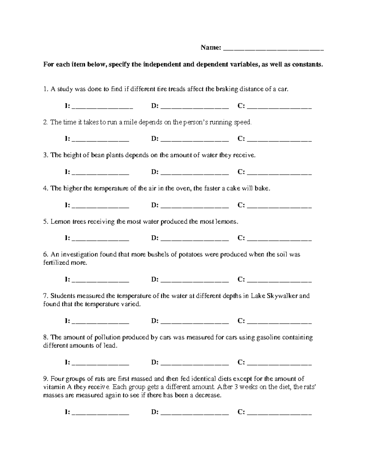 IV, DV, and Constants Worksheet for Science Experiments - Studocu