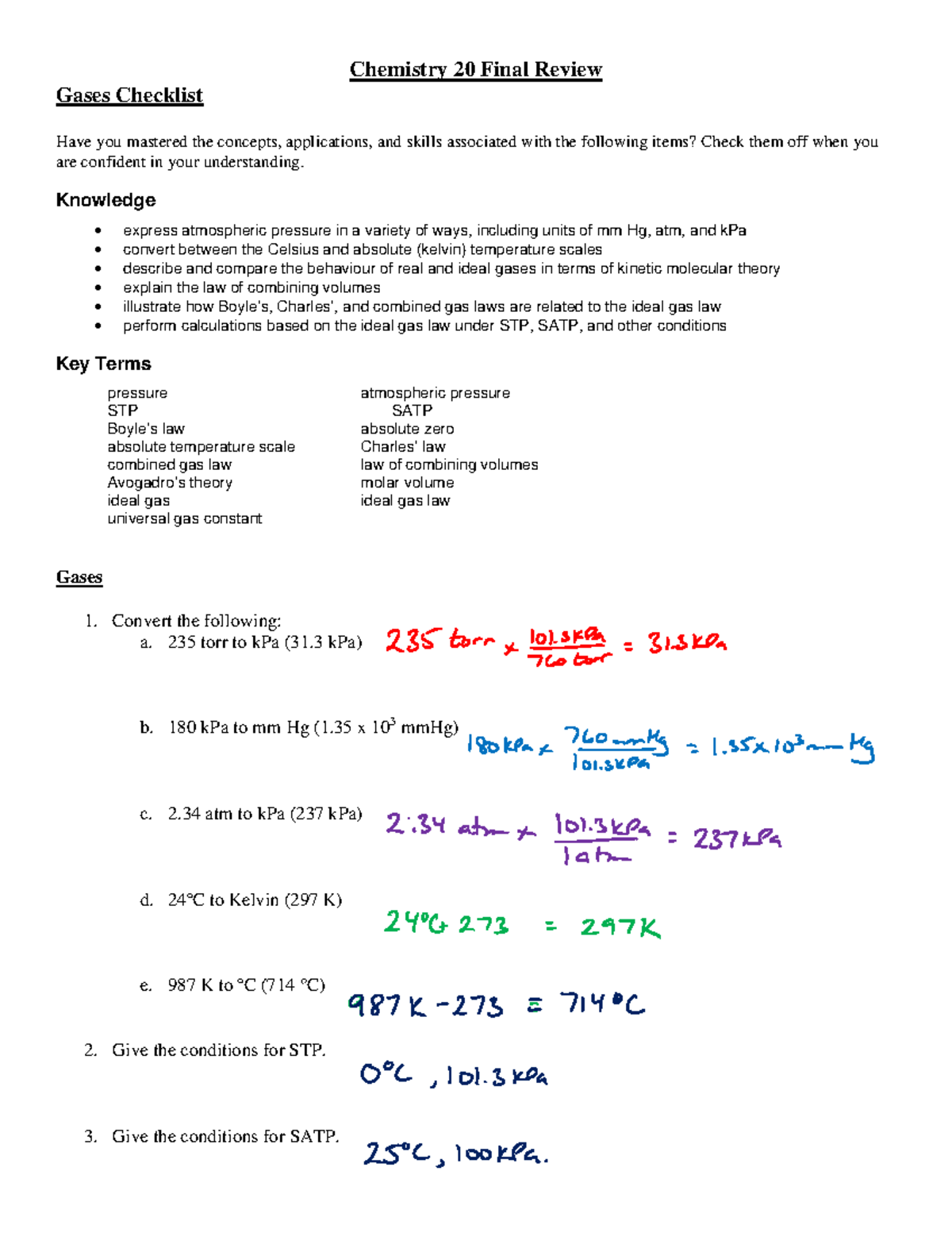Chemistry 20 - Final Review for Gases Unit & Key Concepts - Studocu