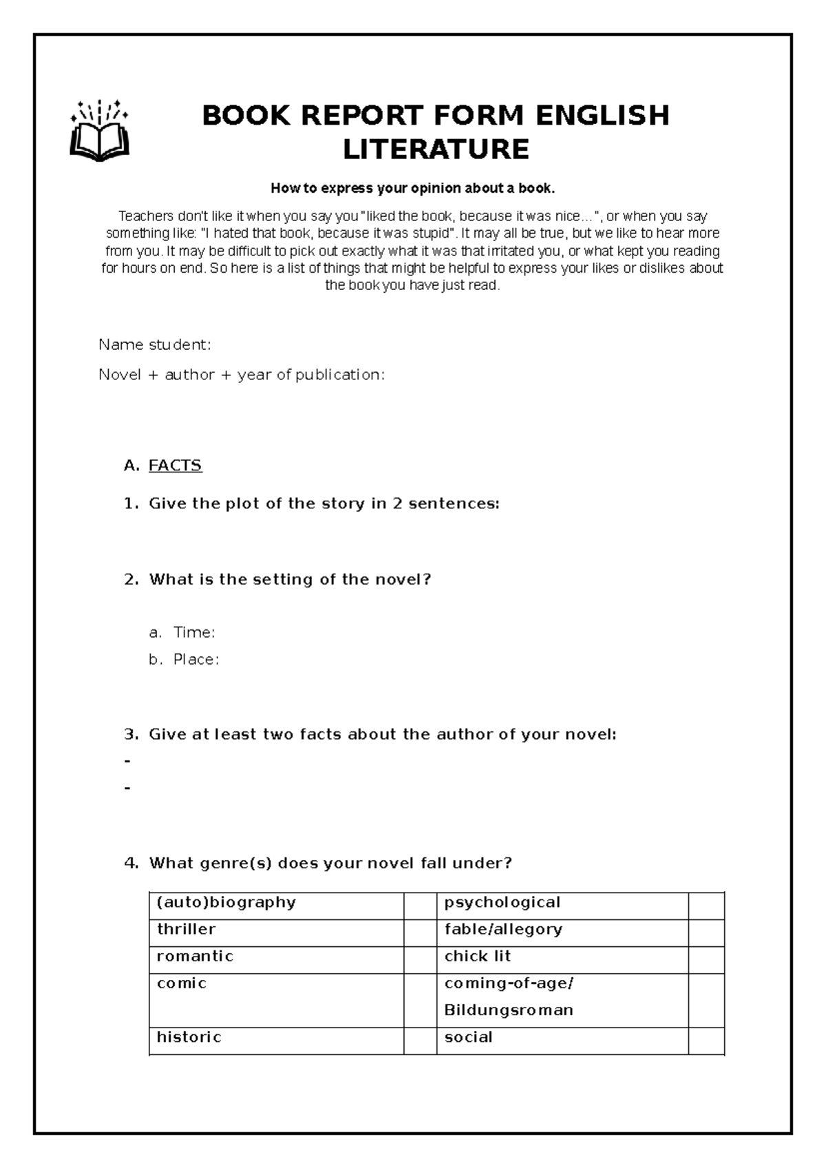 ENG 101: Book Report Form - How to Express Your Opinion on a Novel ...