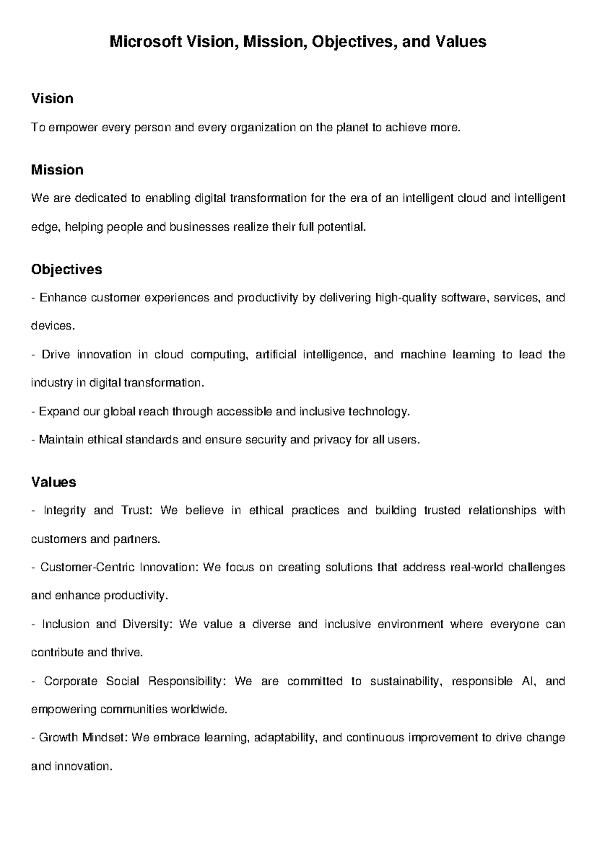 Microsoft Vision Mission Objectives Values - Microsoft Vision, Mission, Objectives, and Values ...
