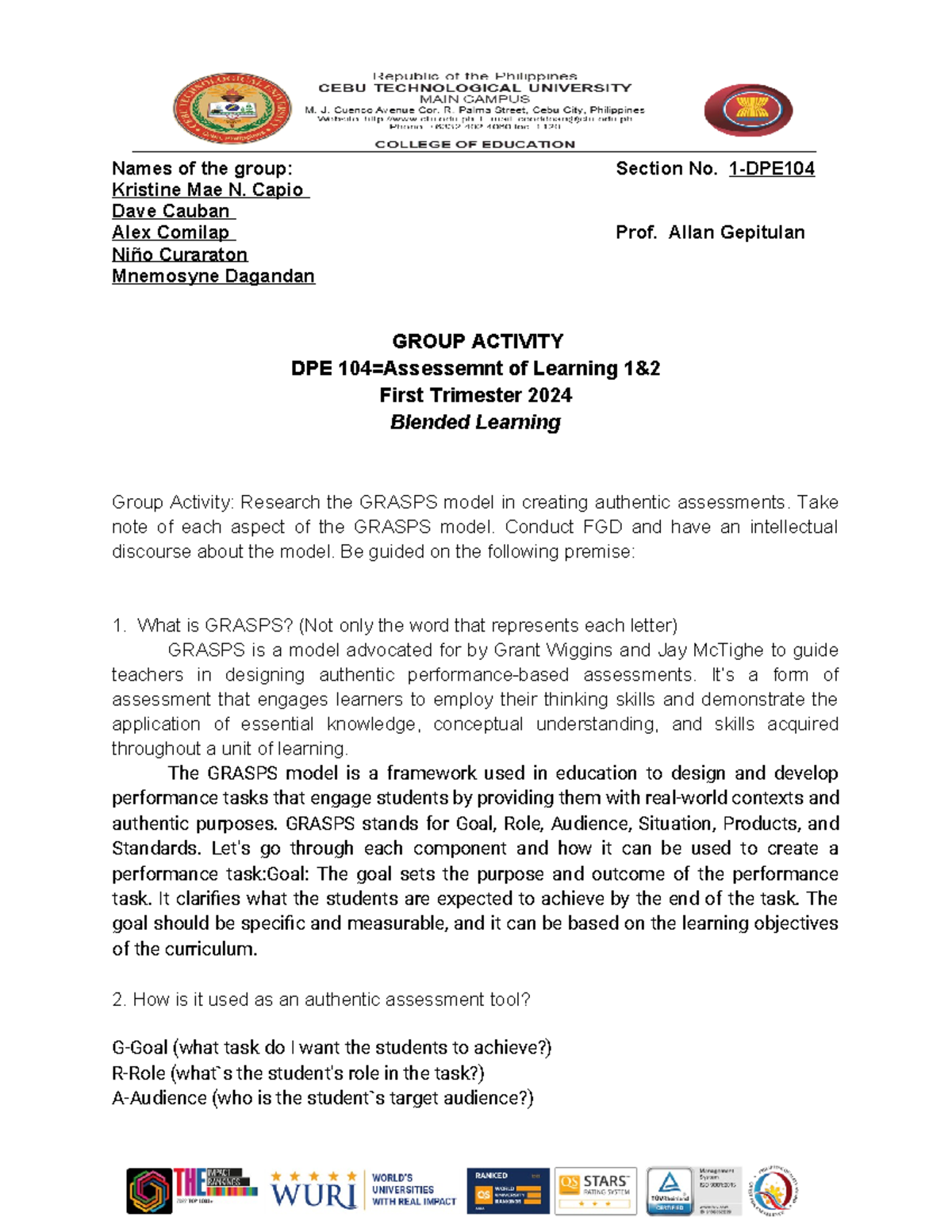 Authentic Assessment Creation via GRASPS Model - DPE 104 Group Activity - Studocu