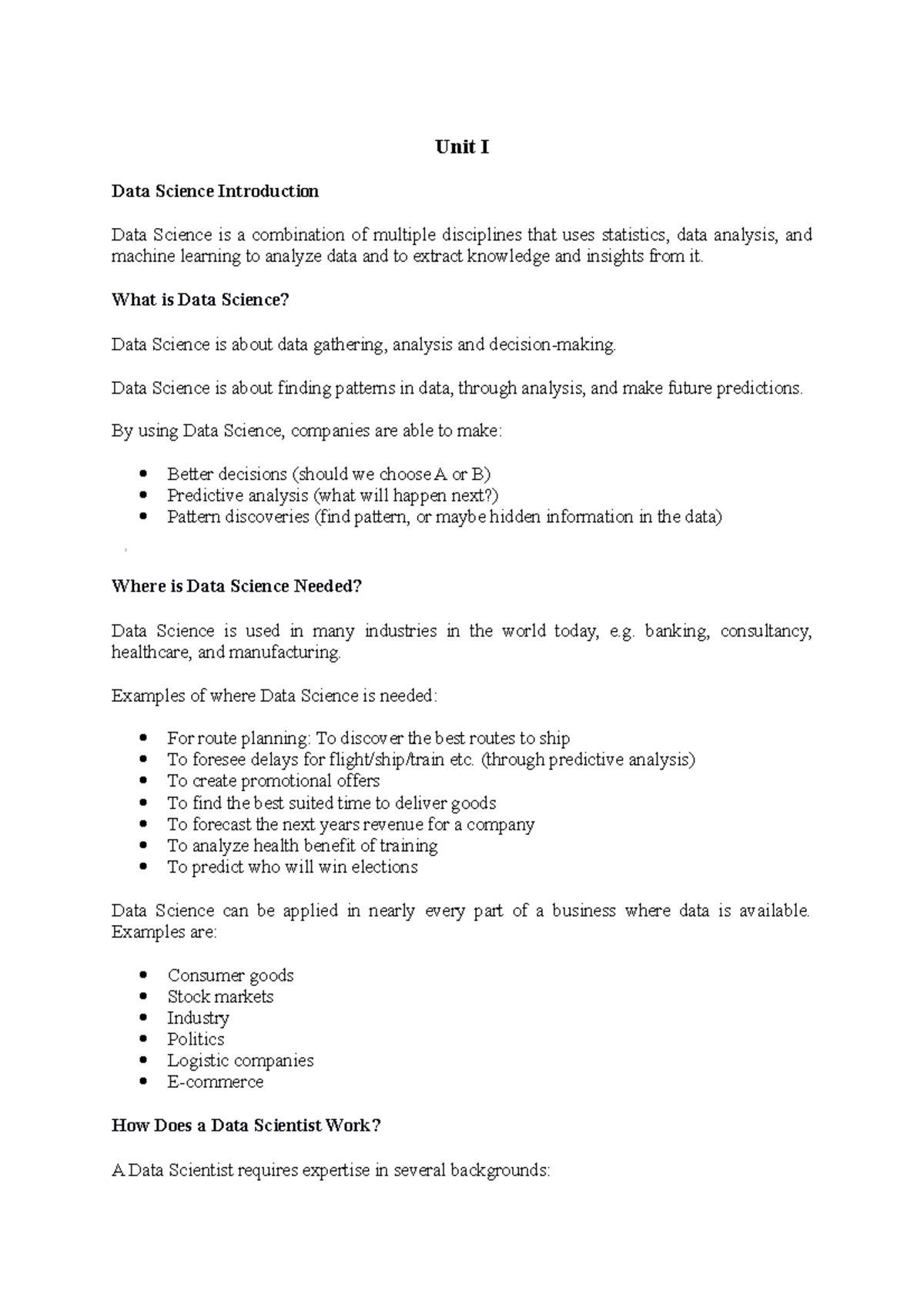 Unit 1 - Comprehensive Notes on Data Science Fundamentals - Studocu
