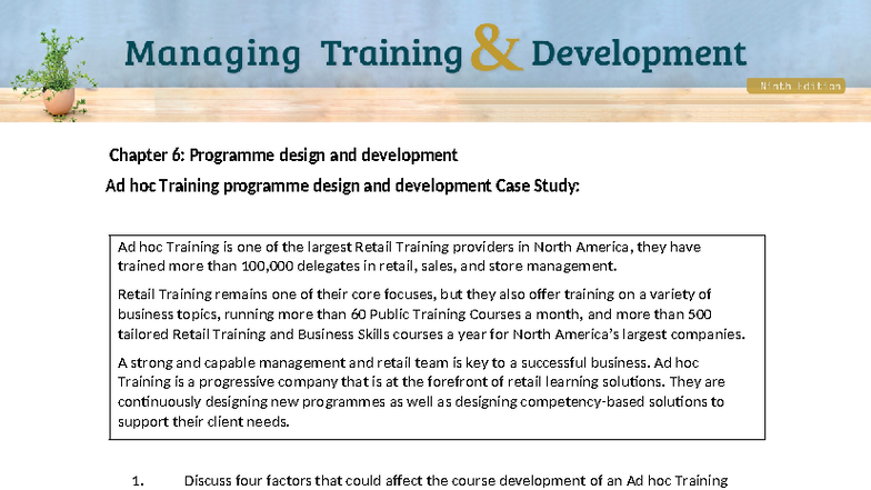 Chapter 6: Ad hoc Training Programme Design Case Study - Studocu