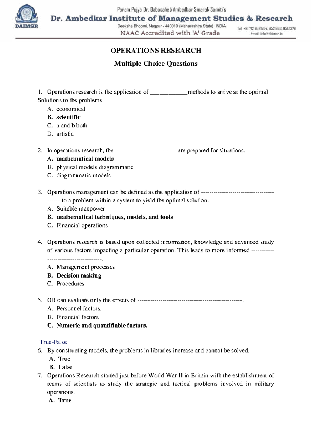 MCQ OR - Mcq - OPERATIONS RESEARCH Multiple Choice Questions Operations ...