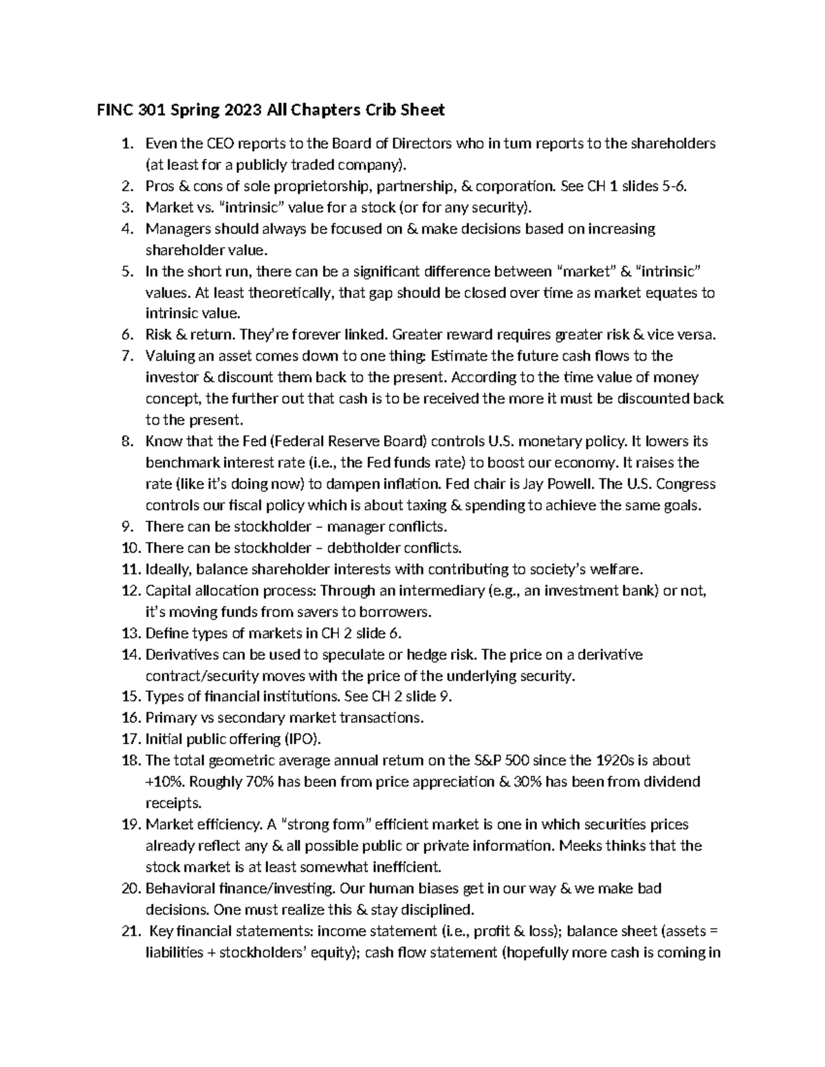 FINC 301 Spring 2023 Study Guide: Key Financial Concepts & Principles ...