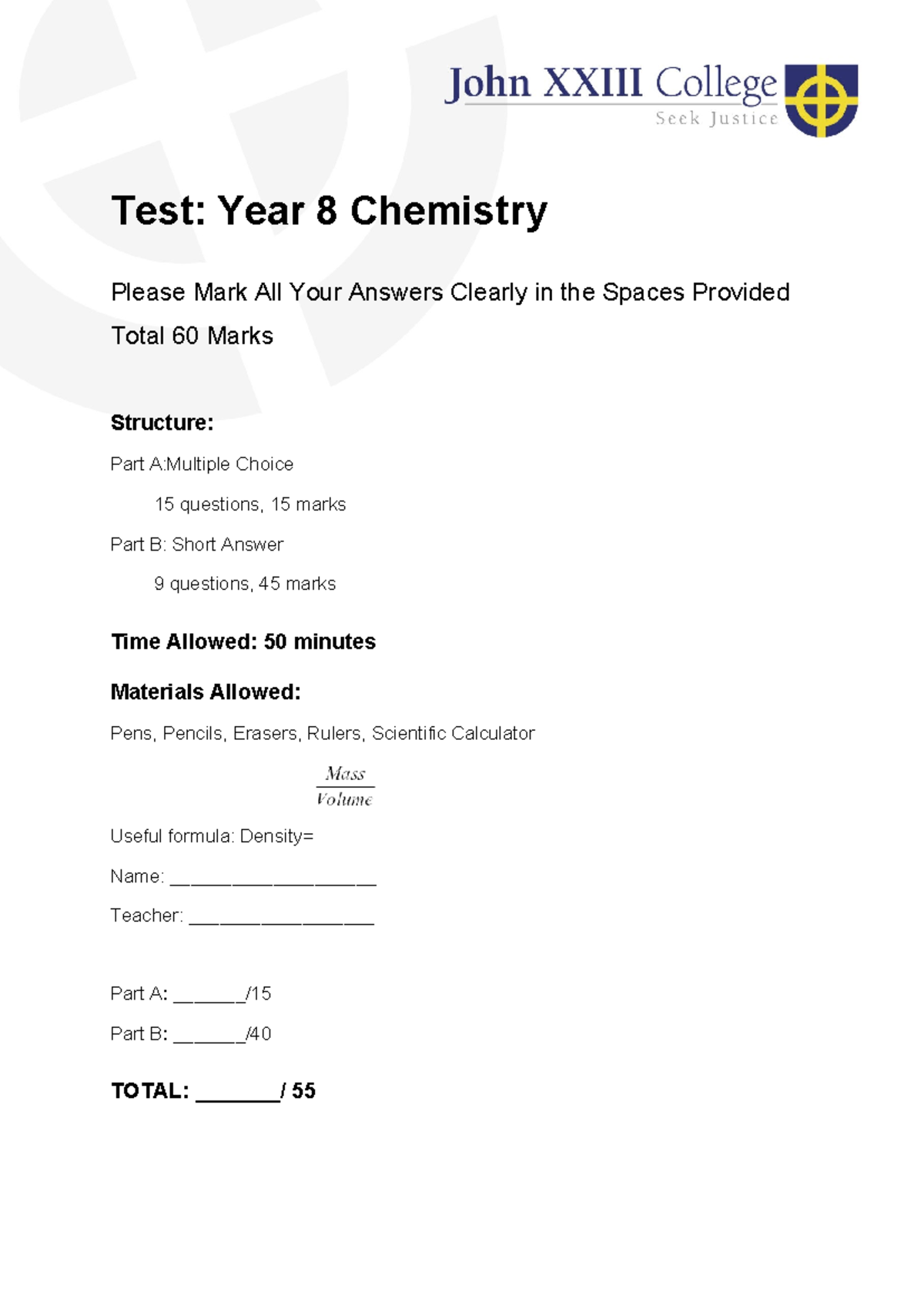 Year 8 JTC Practice Chemistry Test: Multiple Choice & Short Answer ...