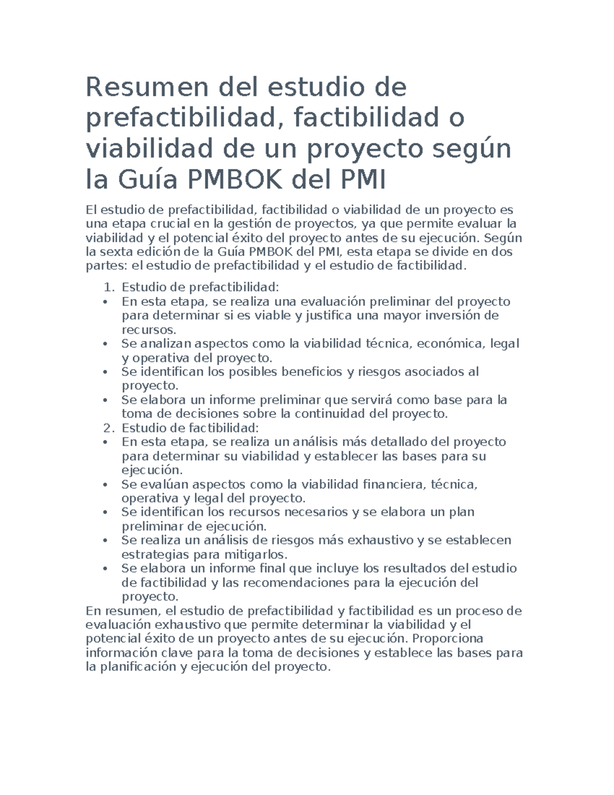 Estudio de Prefactibilidad y Factibilidad según PMBOK - Electiva 5 ...