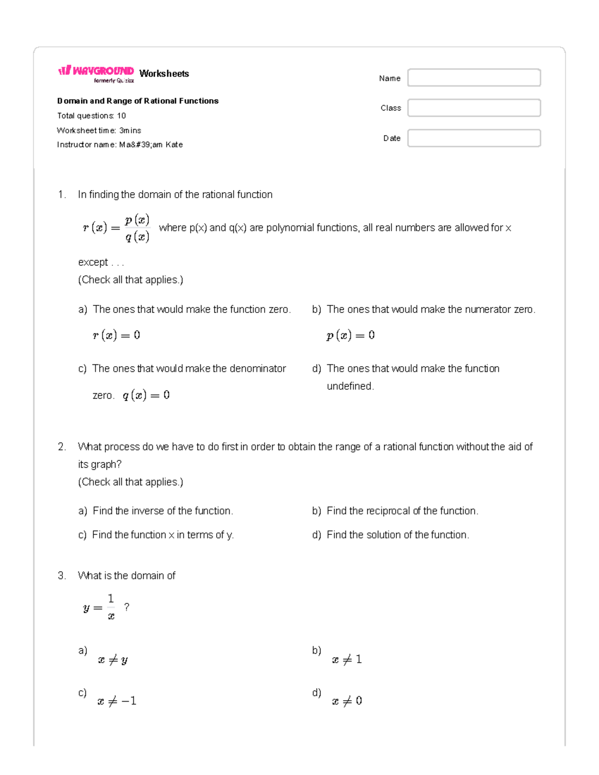 Domain and Range of Rational Functions Worksheet (Total Q: 10) - Studocu