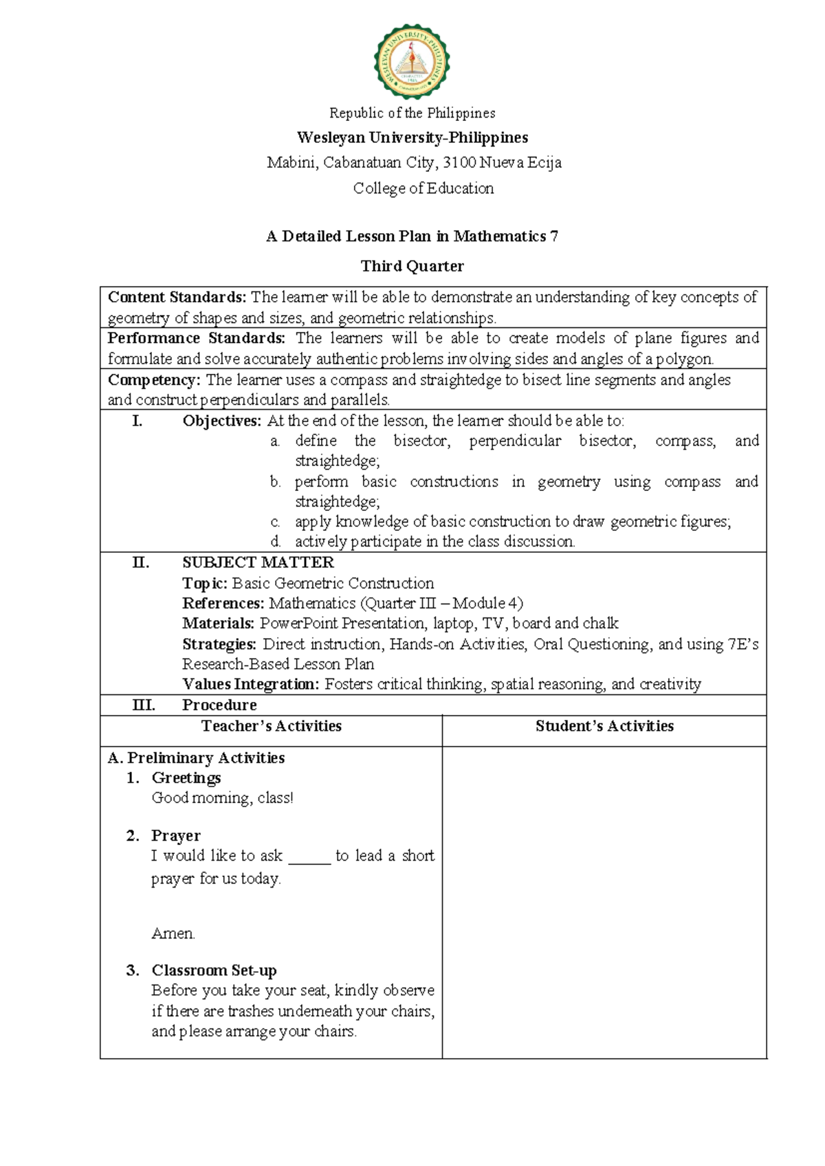 Mathematics 7 Detailed Lesson Plan: Module 4 on Geometric Constructions ...