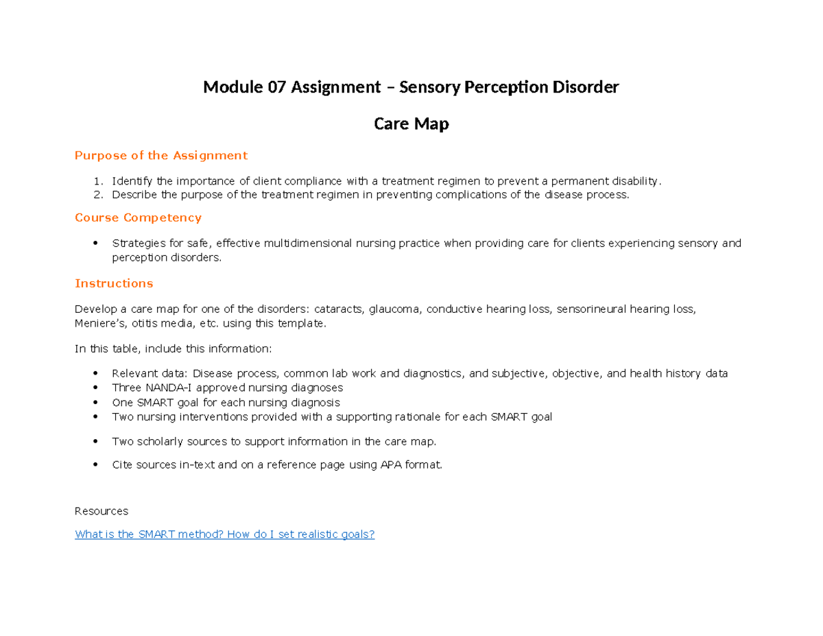 Module 7 Assignement - Module 07 Assignment – Sensory Perception Disorder Care Map Purpose of ...