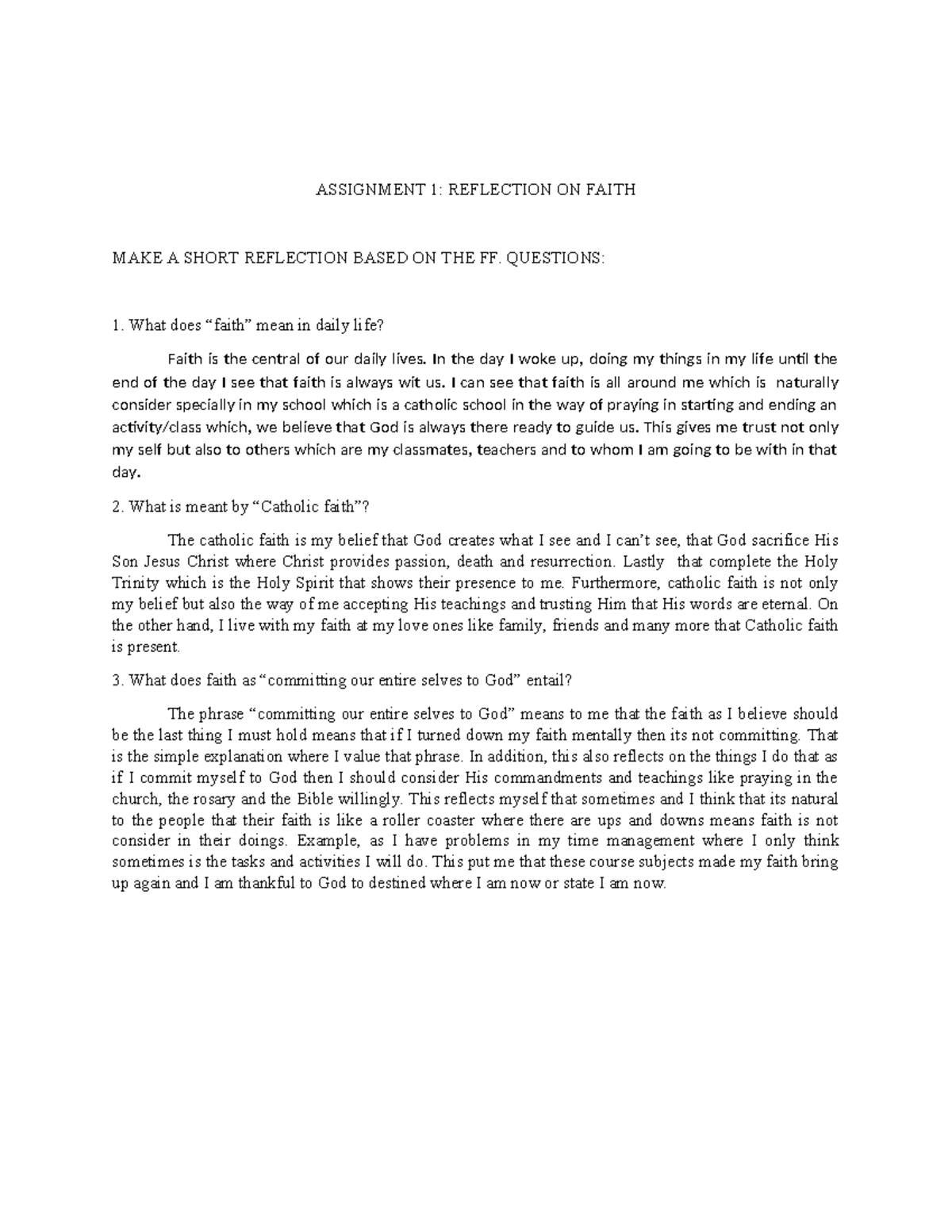 Assignment 1: Reflection on Faith and Daily Life Insights - Studocu
