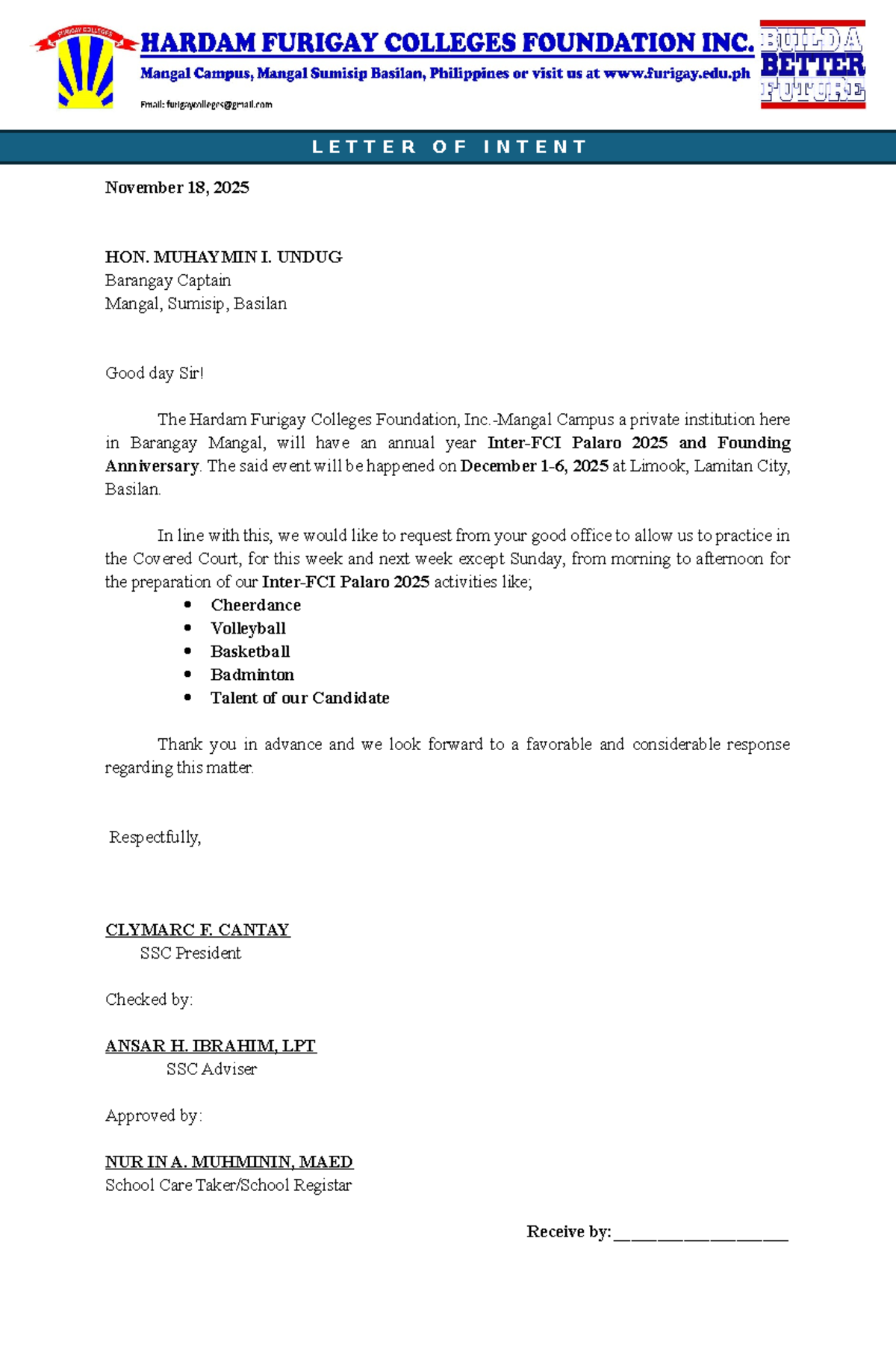 SSC Letter of Intent for Palaro 2025 Activities - Studocu