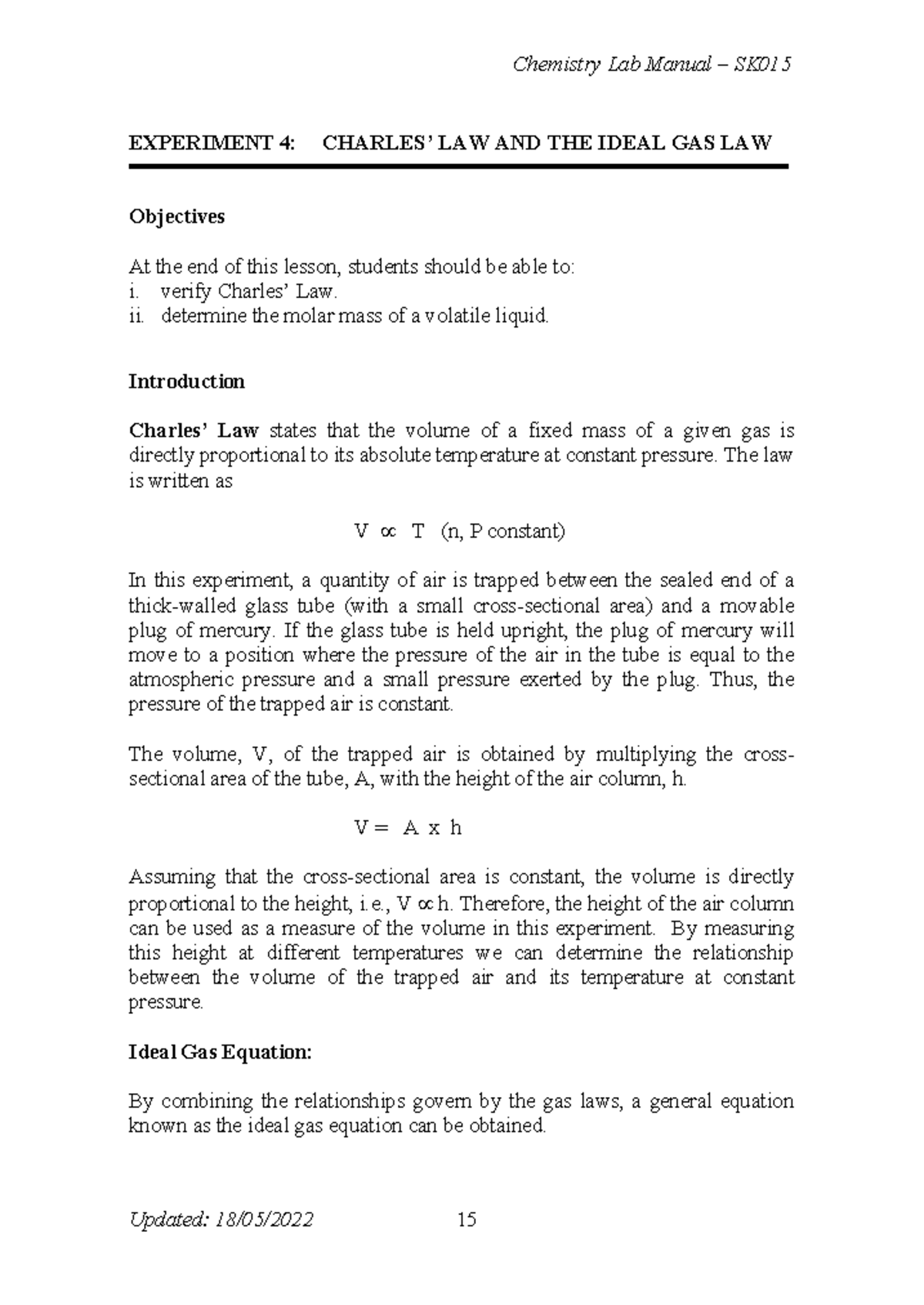 Chemistry Lab Manual SK015: Experiment 4 - Ideal Gas Law & Molar Mass ...