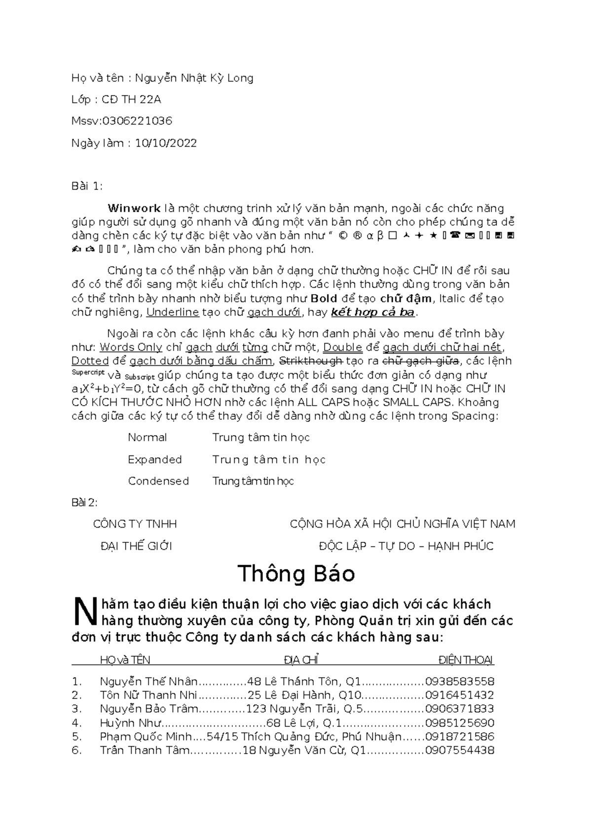Baitap buoi2 - sadasdasdas - Họ và tên : Nguyễn Nhật Kỳ Long Lớp : CĐ ...