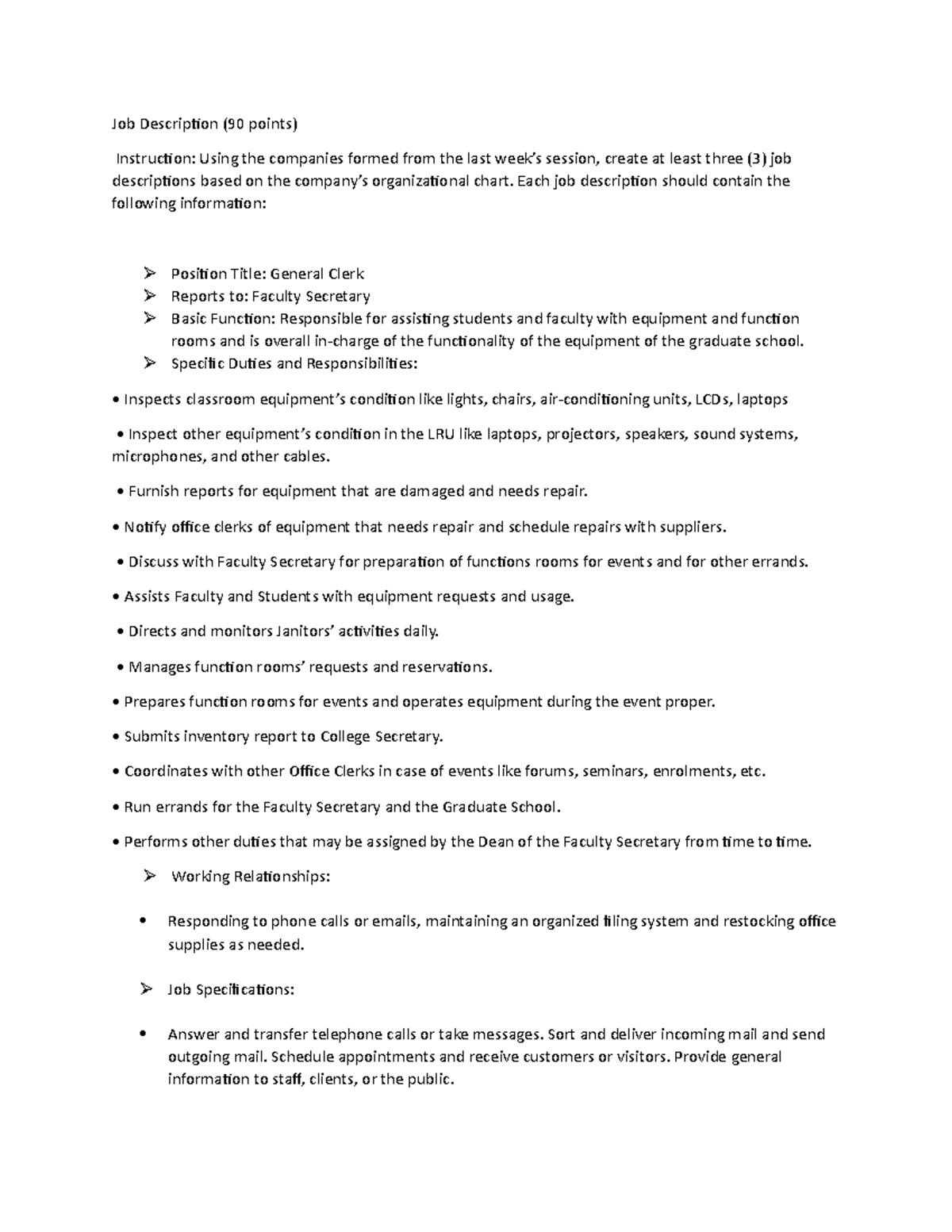 03 Task Performance 1 - Job Descriptions for General Clerk Role - Studocu