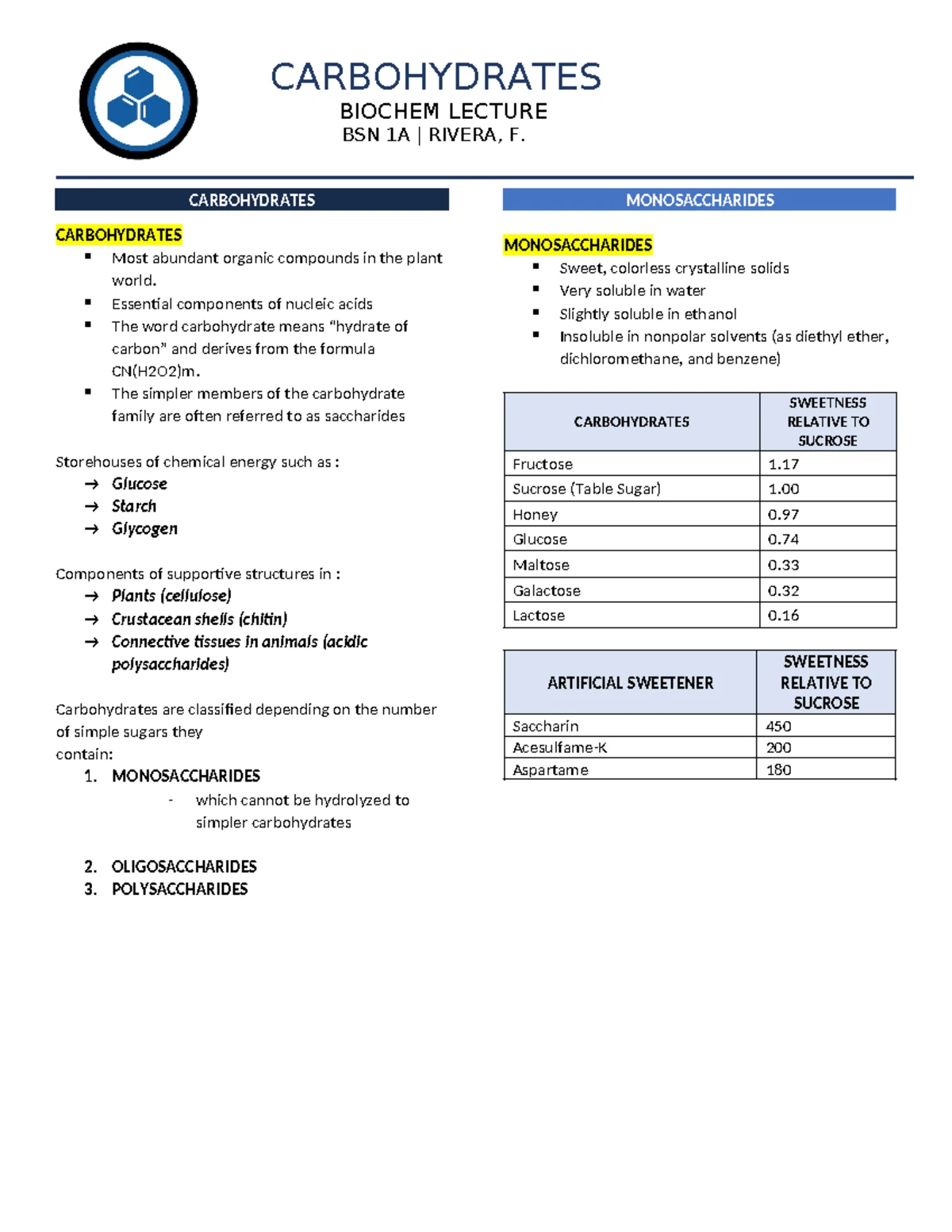 Biochem - Lecture Notes on Carbohydrates and Their Importance - Studocu
