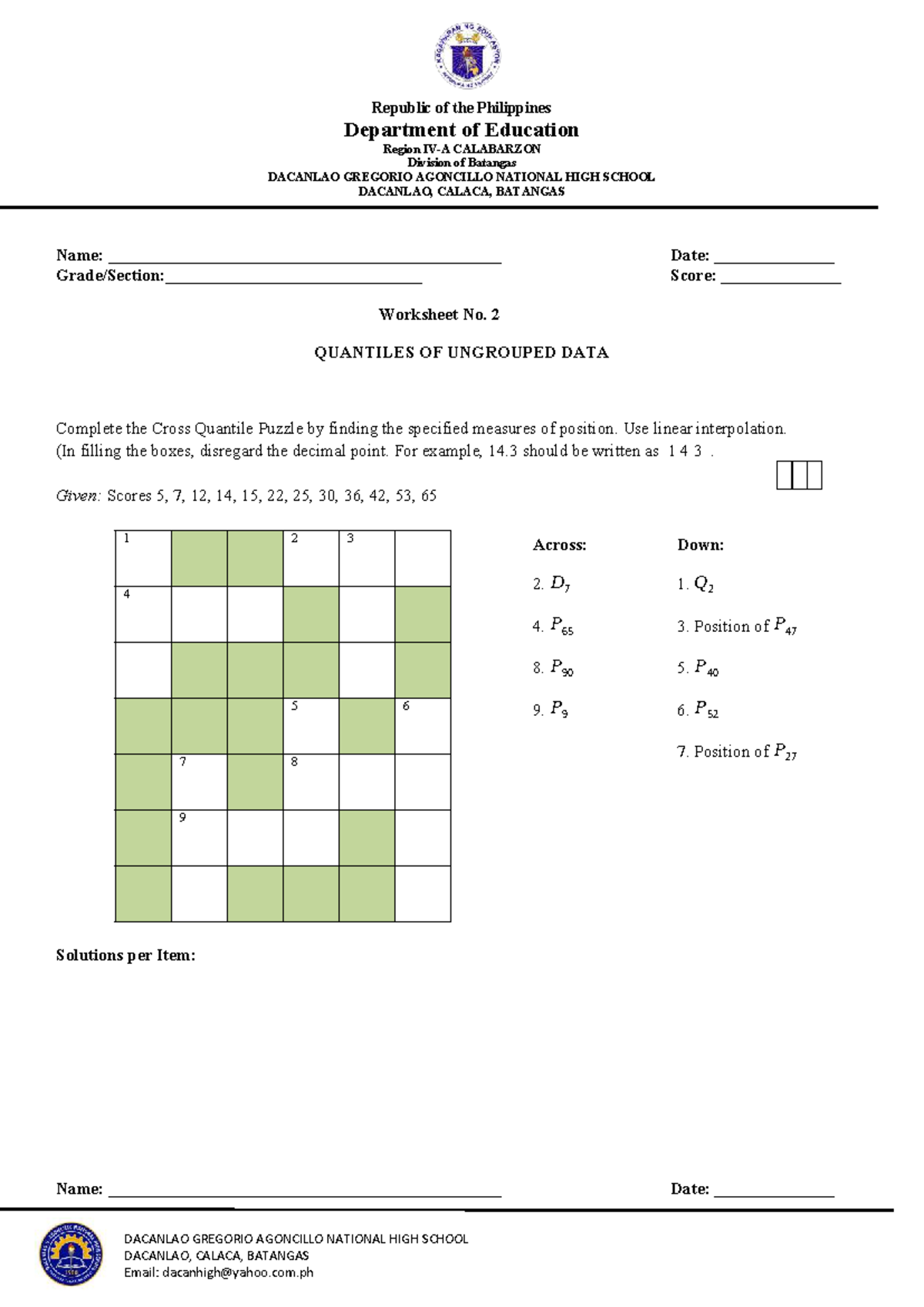 Worksheet No. 2: Quantiles of Ungrouped Data Analysis - Studocu