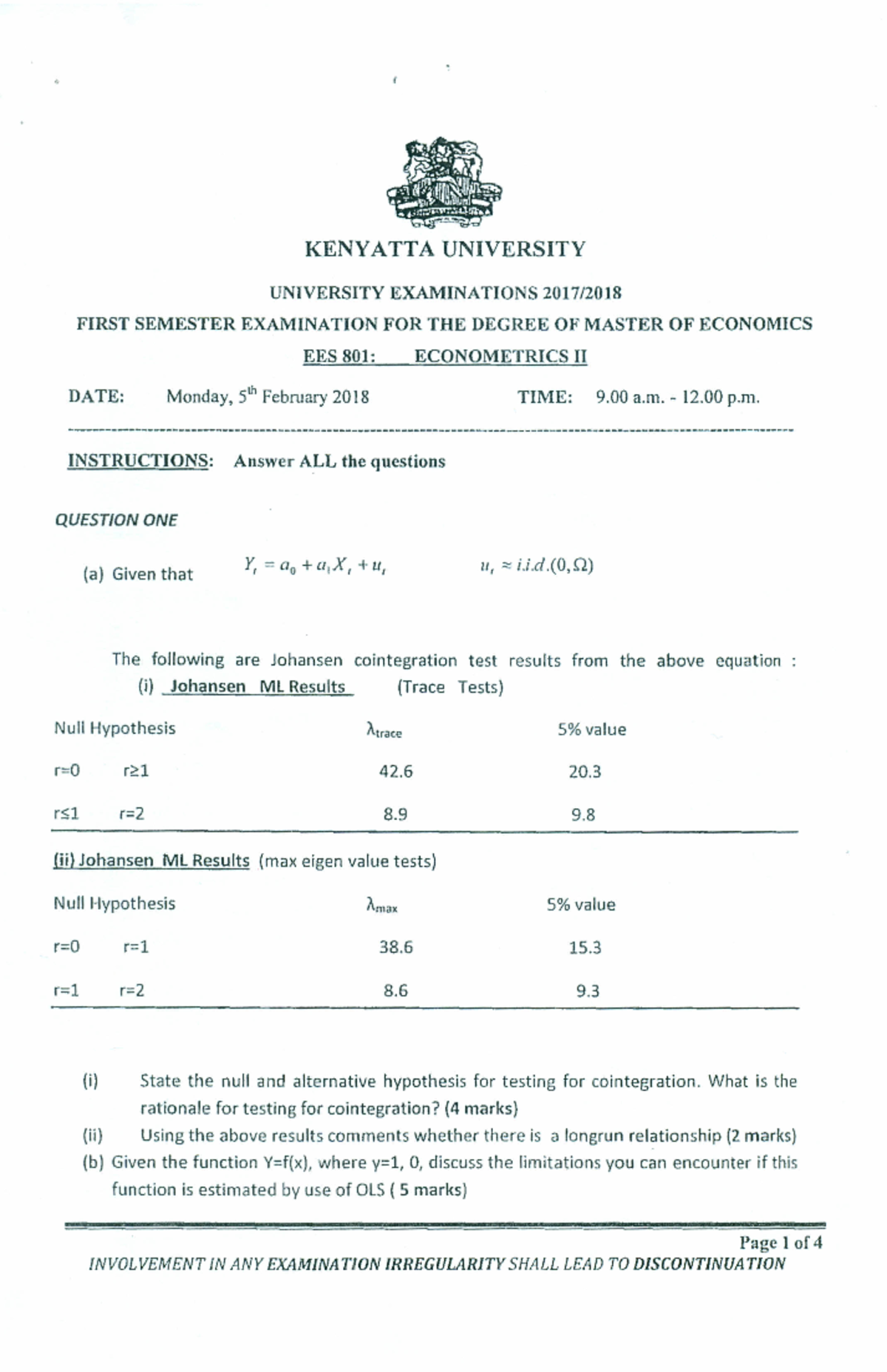 EES801 2018 - Master of Economics Econometrics II Exam Questions - Studocu