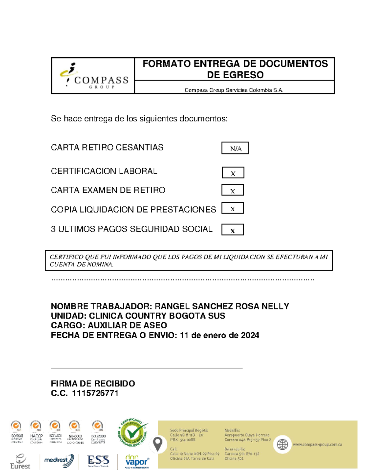 Paquete sin cesantias masivo 1115726771 - FORMATO ENTREGA DE DOCUMENTOS DE EGRESO Compass Group ...