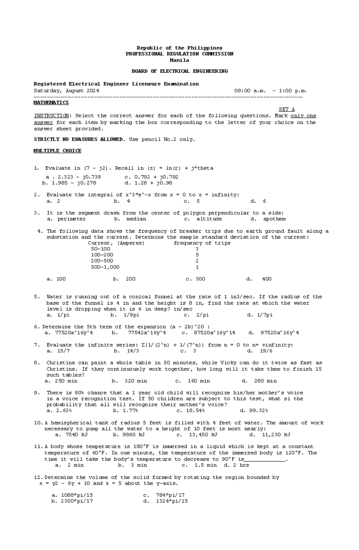 REE Final Preboard: Mathematics Exam Questions & Answers - Studocu