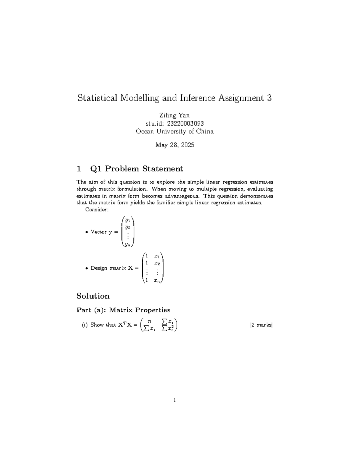 Statistical Modelling and Inference Assignment 3 (A3) Solutions - Studocu