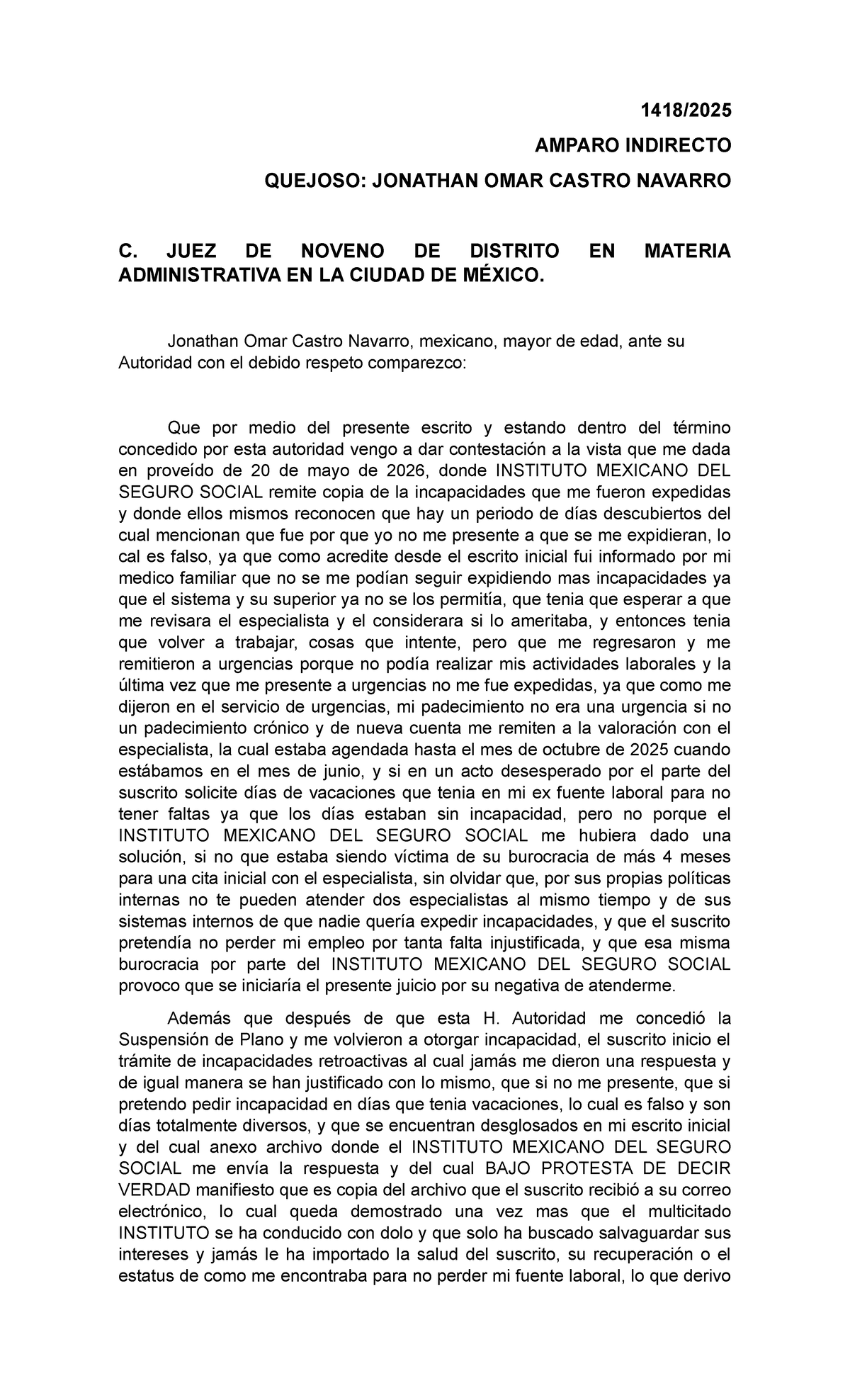 Amparo Indirecto IMSS: Caso Jonathan Omar Castro Navarro - Studocu