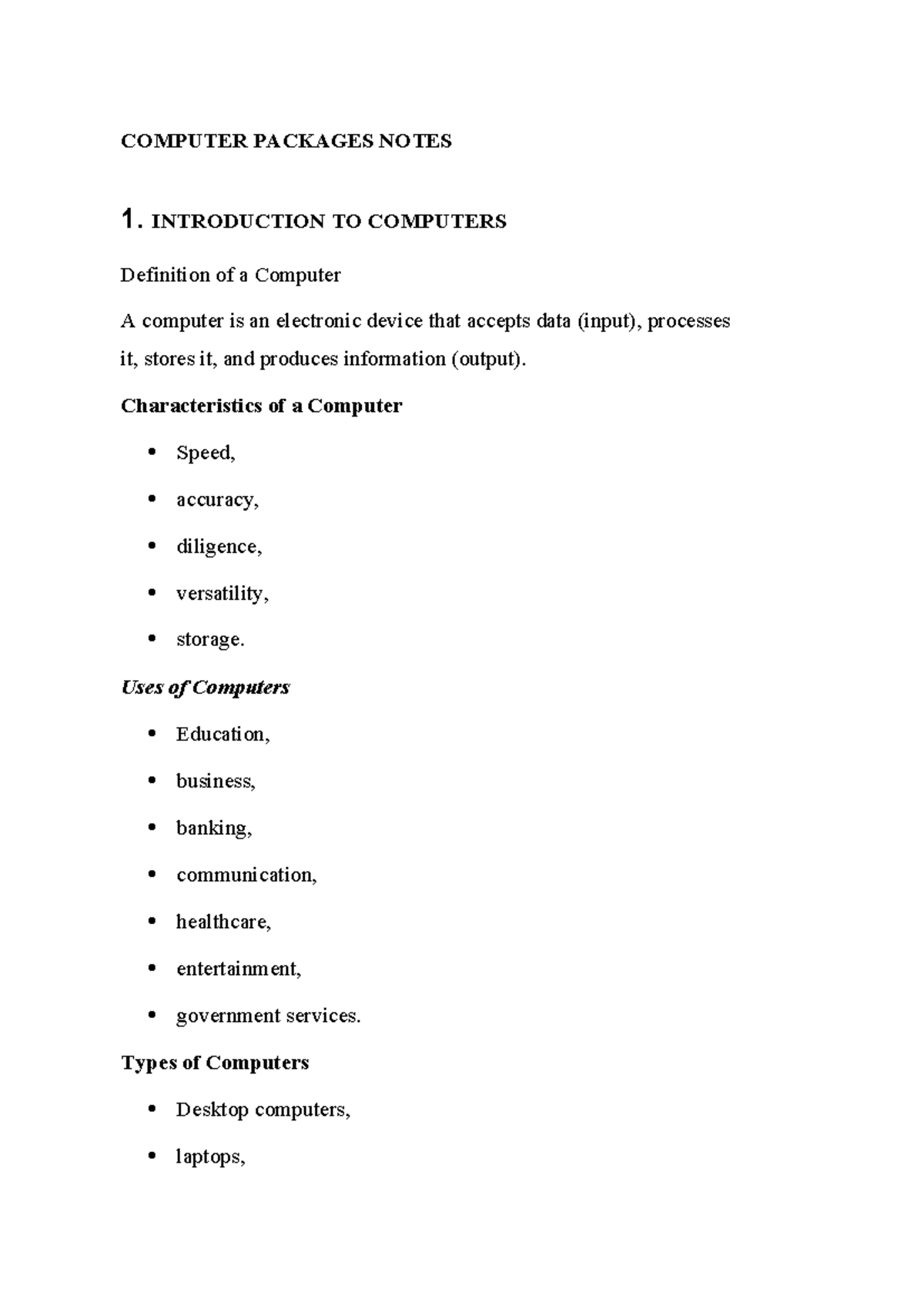 COMP 101: Detailed Computer Packages Teaching Notes - Studocu