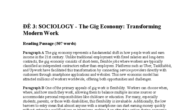 Sociology The Gig Economy Transforming Modern Work - ĐỀ 3: SOCIOLOGY ...