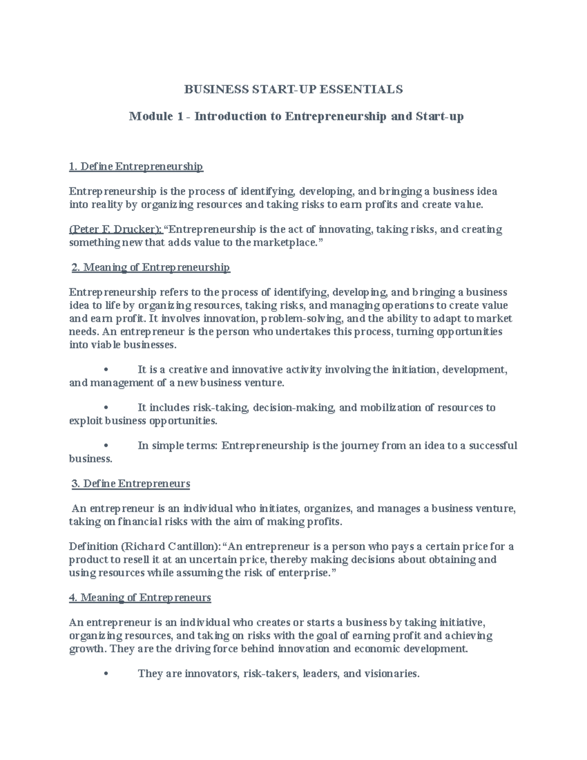 BUSINESS ESSENTIALS Module 1: Intro to Entrepreneurship & Key Concepts ...