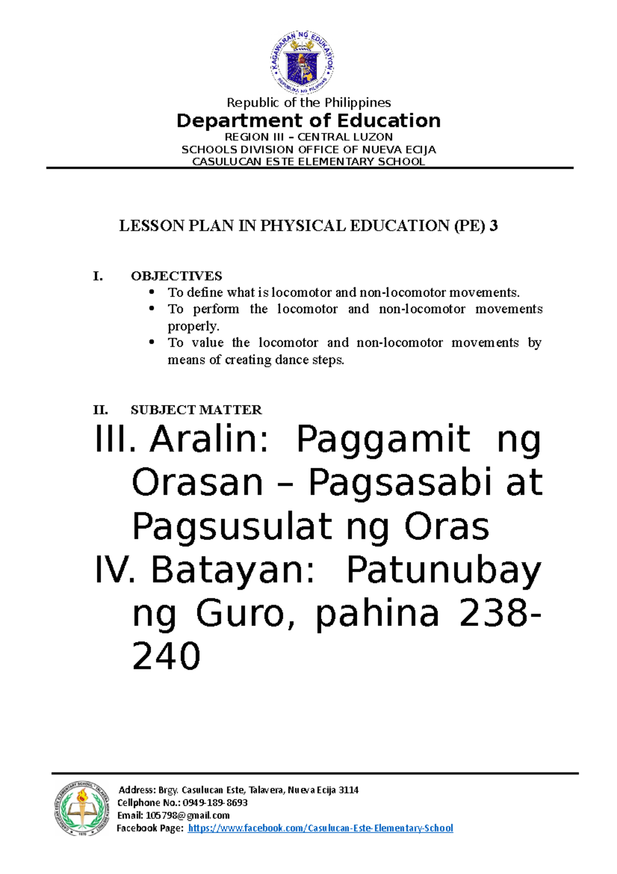 PE 3 Lesson Plan: Understanding Locomotor & Non-Locomotor Movements ...