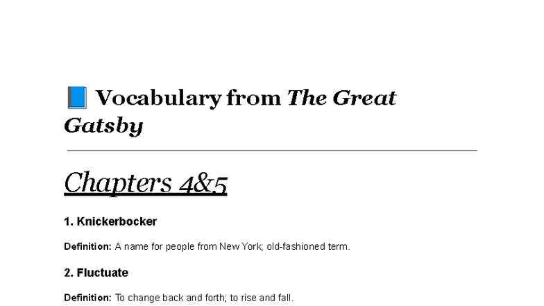 Vocabulary List for The Great Gatsby (Chapters 1-2) - Studocu