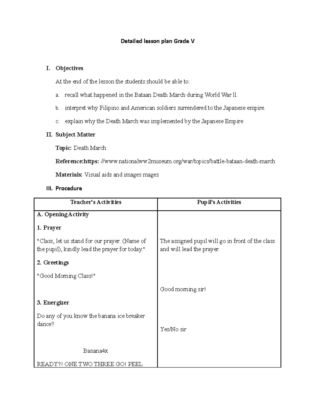 Grade V Lesson Plan: The Bataan Death March Overview and Activities ...
