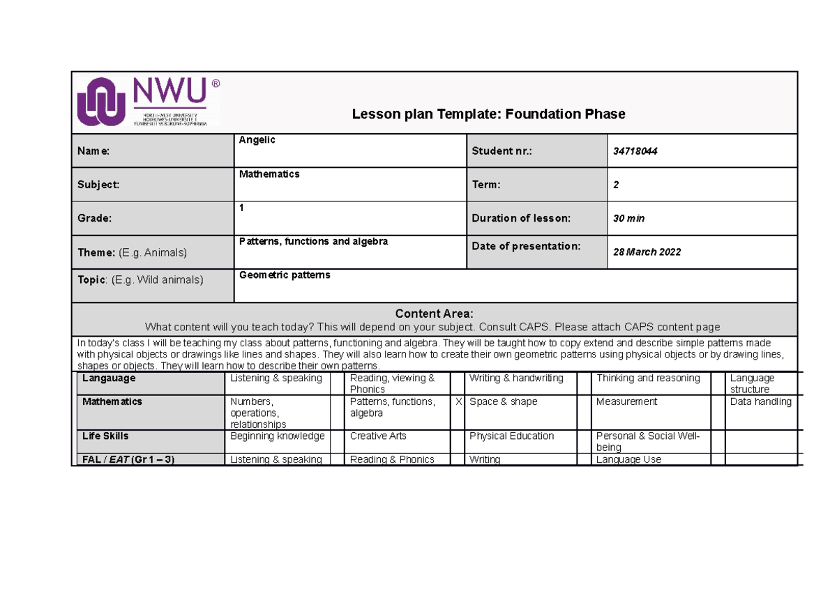 Lesson plan 34718044 - Lesson plan Template: Foundation Phase Name ...