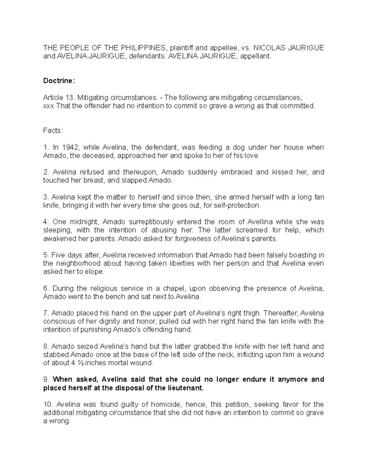 People vs Jaurigue - Case Digest on Self-Defense & Mitigating ...