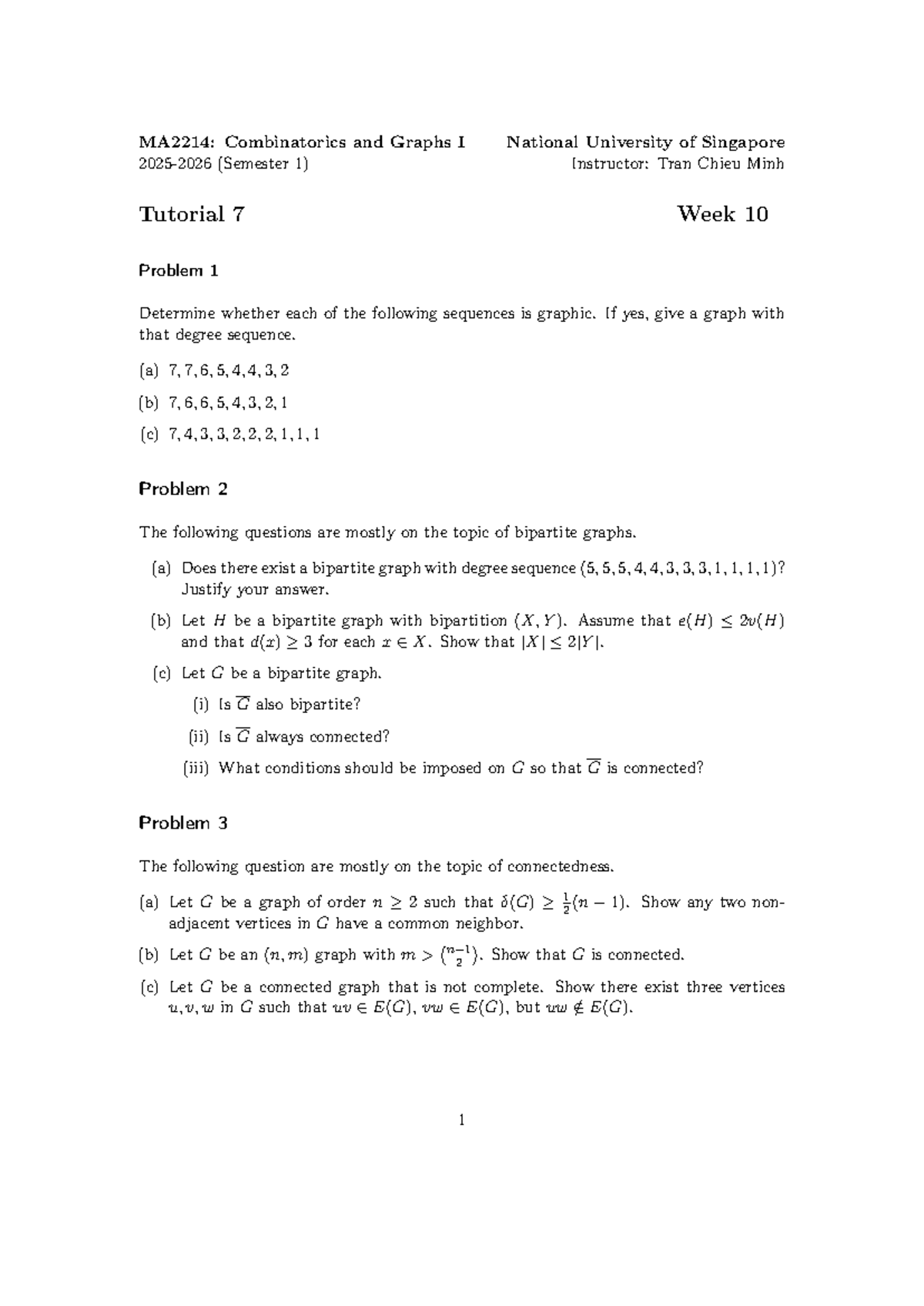 MA2214: Combinatorics and Graphs I - Tutorial 7 Solutions - Studocu