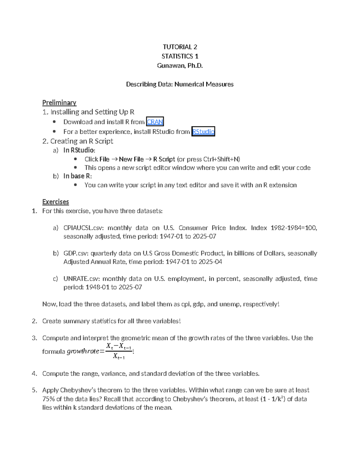 Tutorial 2 - Stats 1: Describing Data & Numerical Measures - Studocu