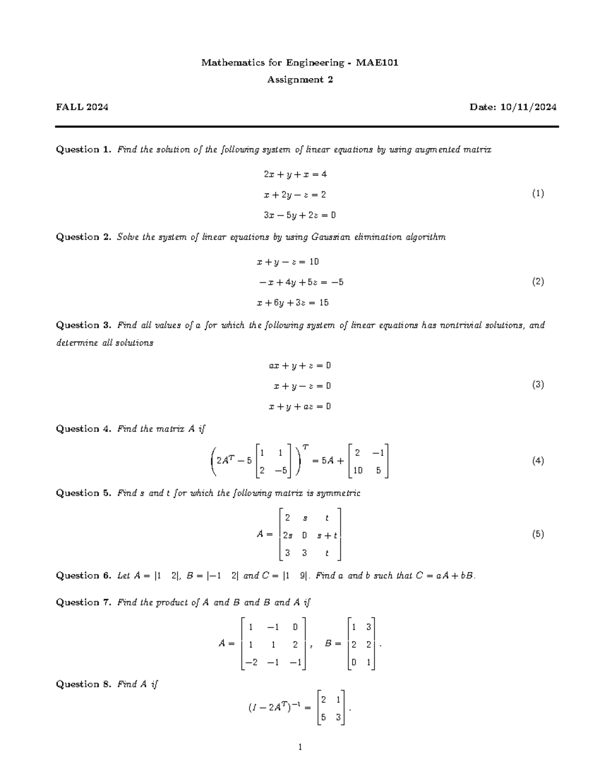 MAE101 Assignment 2 - Solutions to Linear Equations and Matrices - Studocu