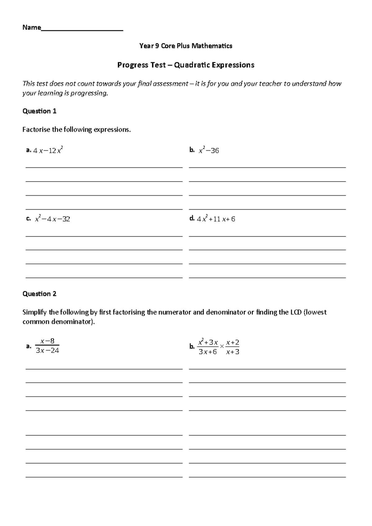 Year 9 Core Plus - Quadratics Quiz - Name______________________ Year 9 ...