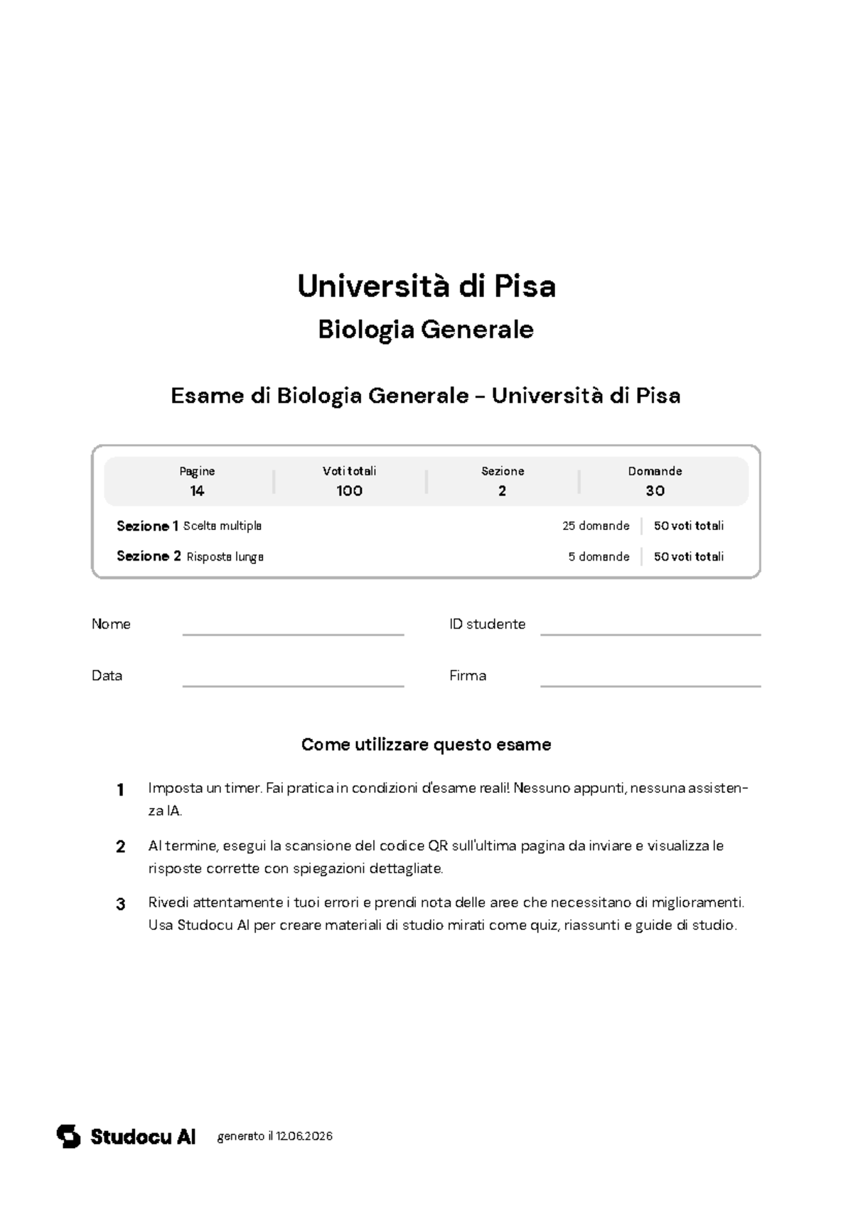 Esame di Biologia Generale - Università di Pisa - Studocu