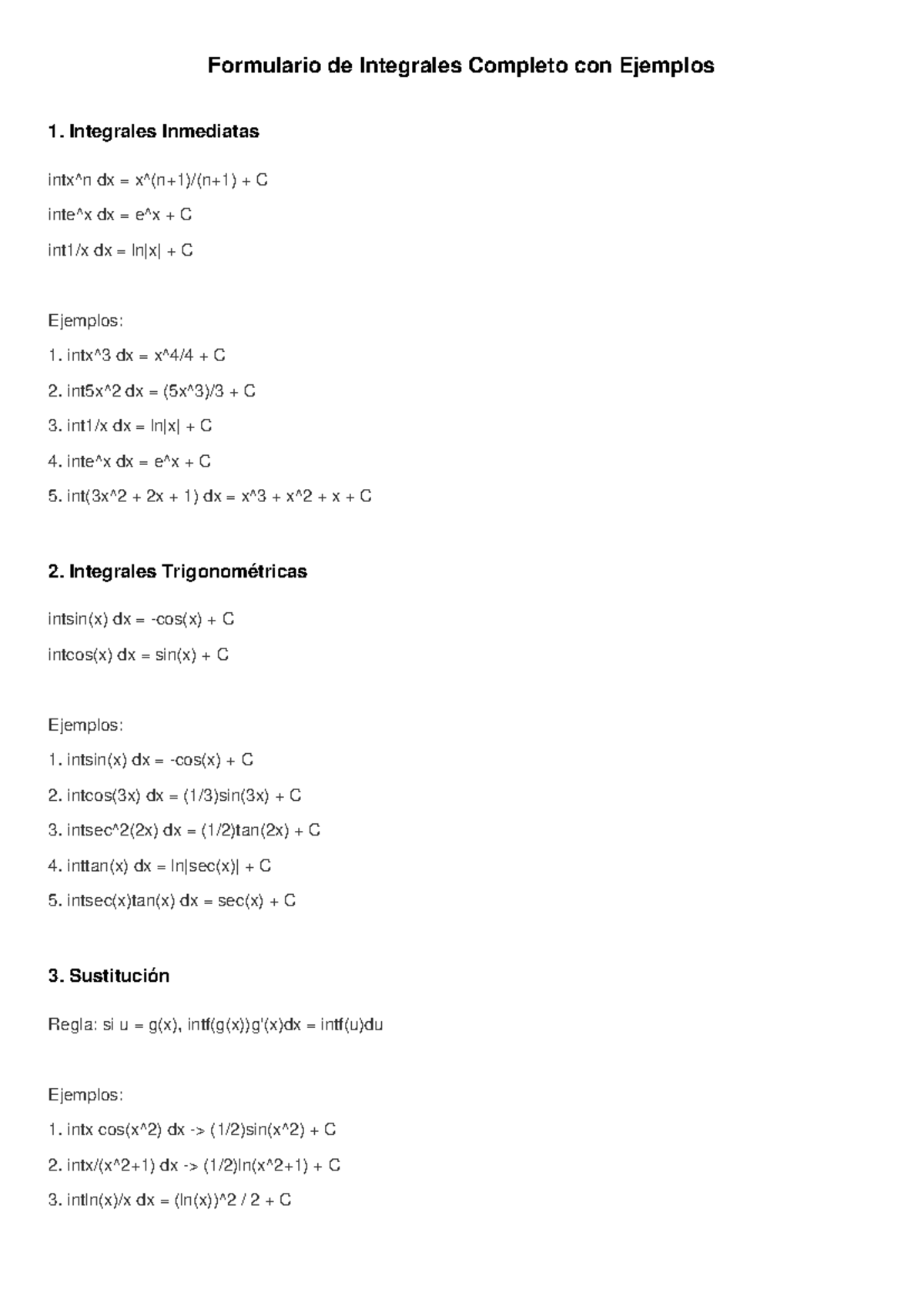 Formulario de Integrales Completo con Ejemplos y Métodos - Studocu