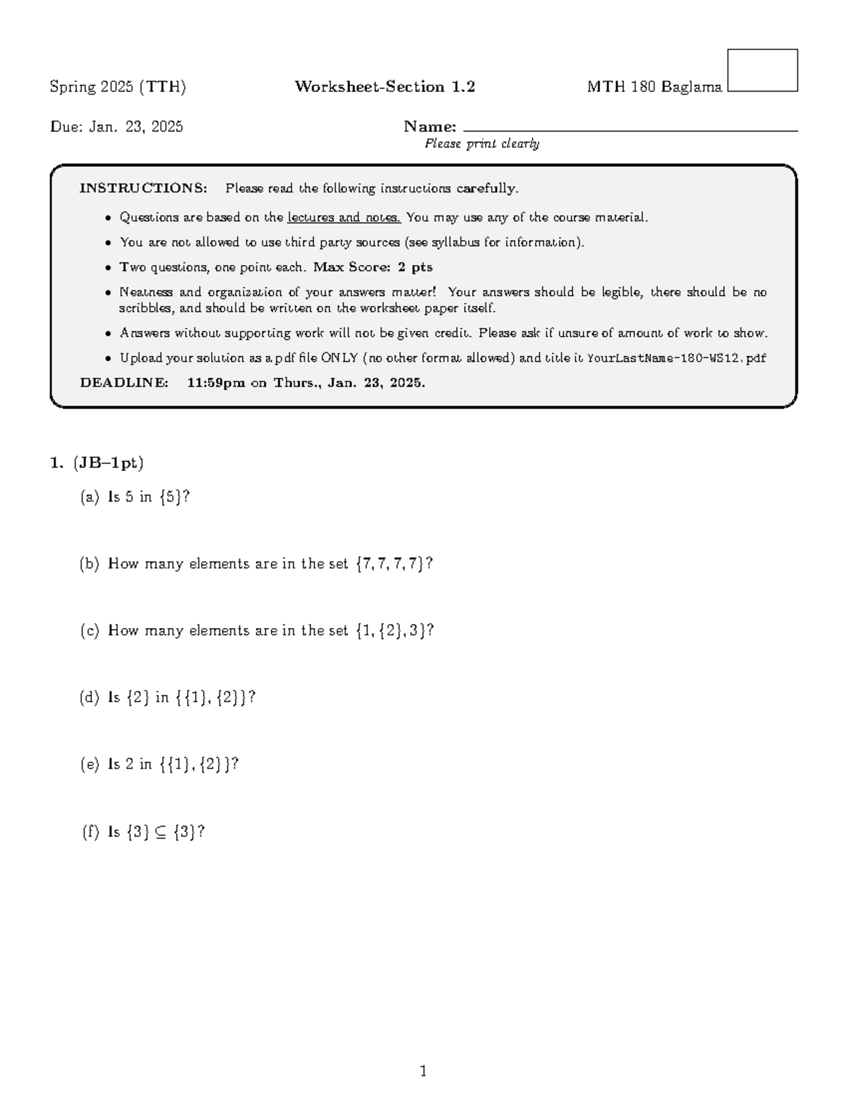 MTH 180 Spring 2025 Worksheet 1.2 Instructions & Guidelines - Studocu