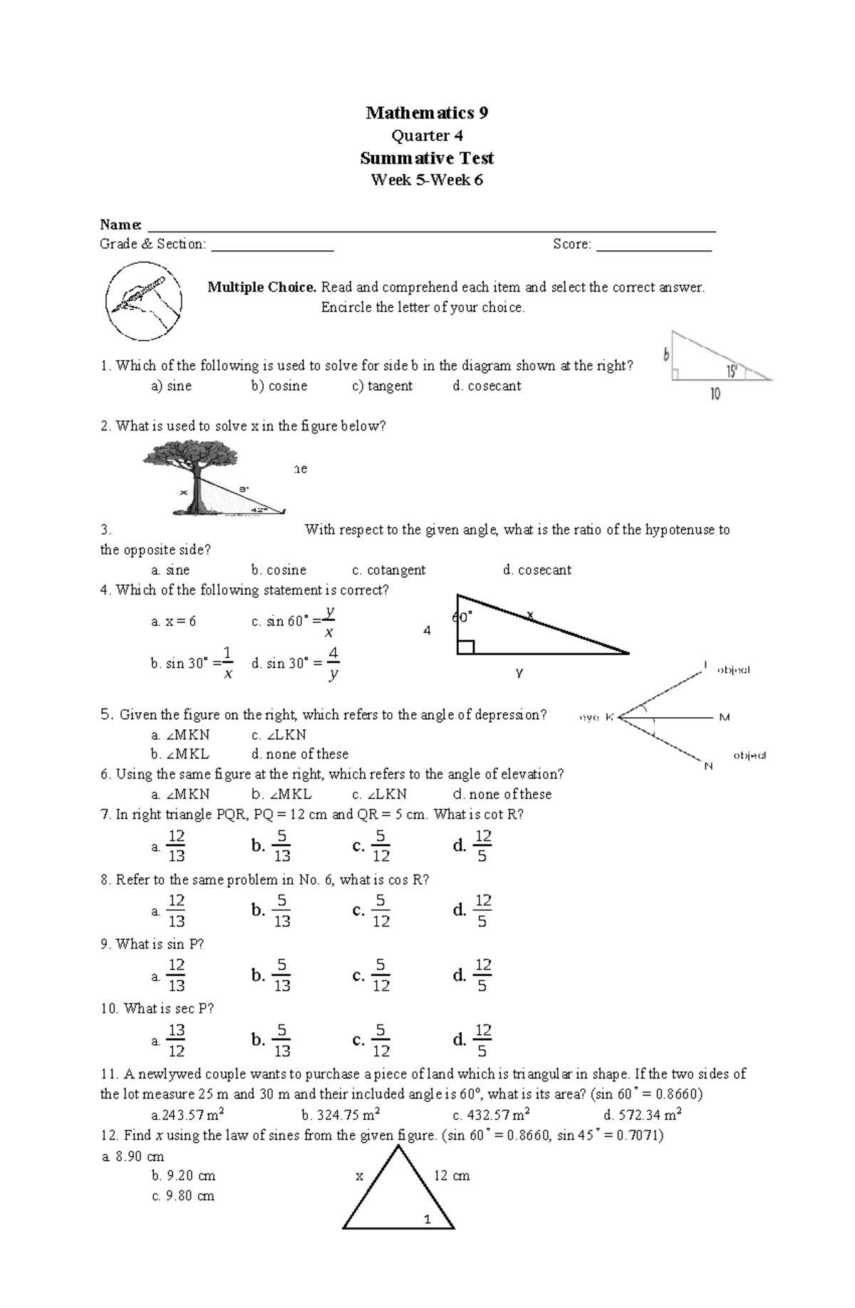 Math 9 Q4 Summative Test Wk5&6 - Mathematics 9 Quarter 4 Summative Test ...