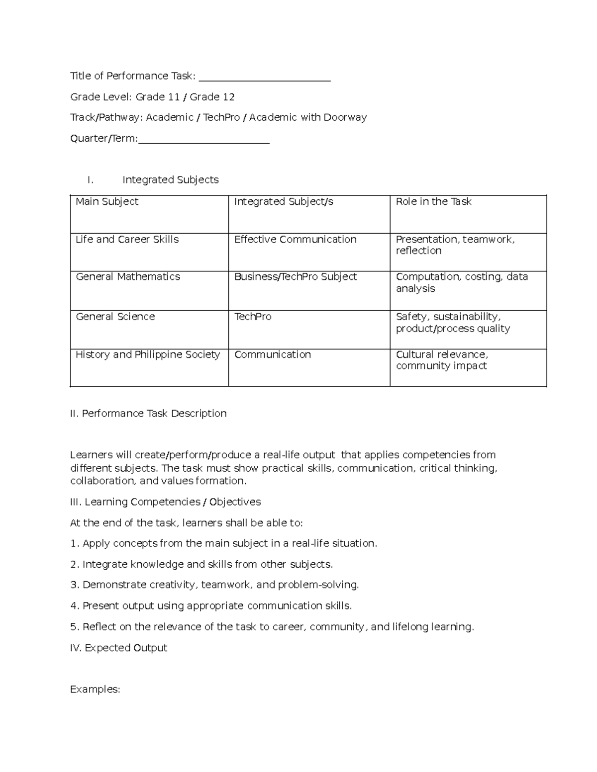Integrated Performance Task: Grade 11-12 TechPro Skills Assessment ...