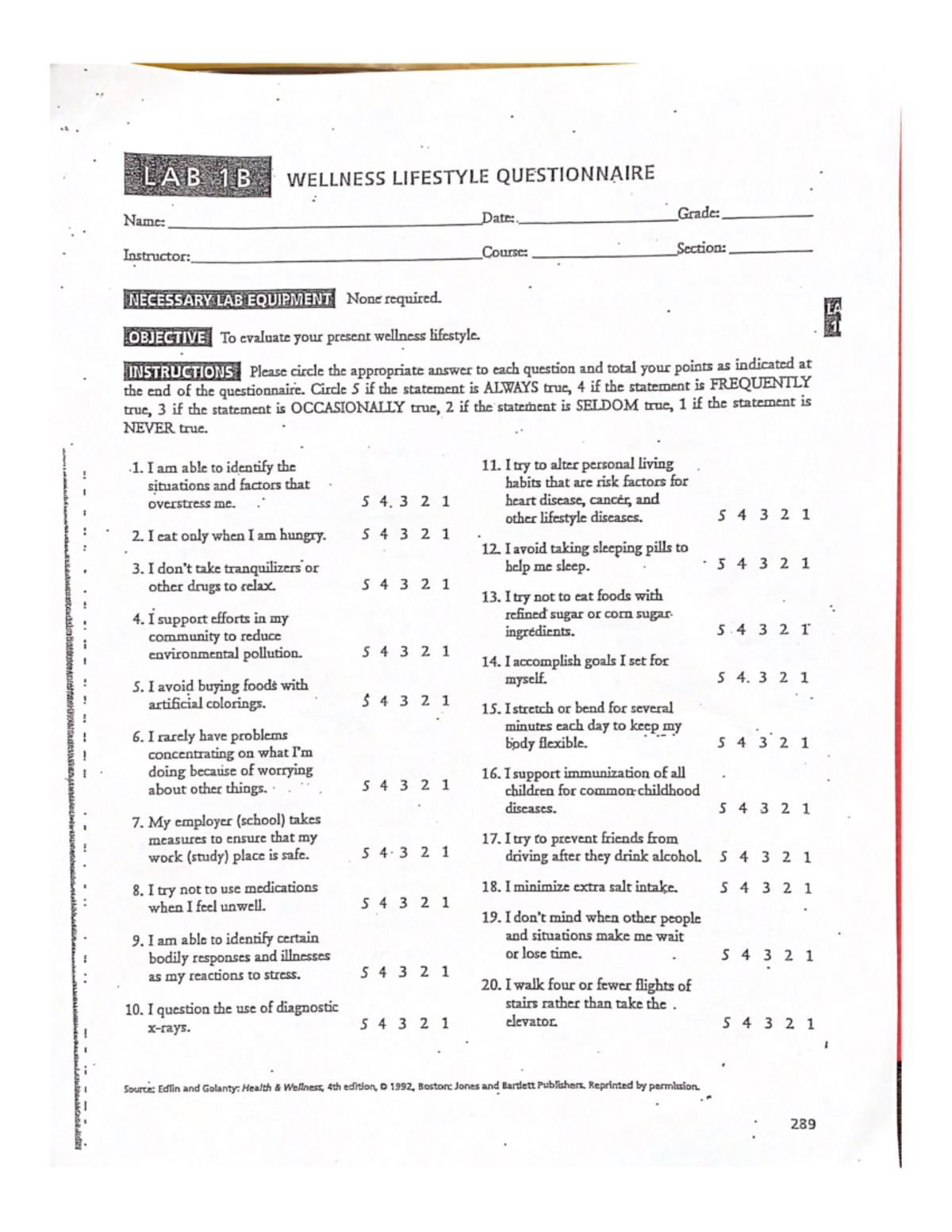 Wellness Lifestyle Questionnaire LAB 1B - Evaluation & Instructions ...